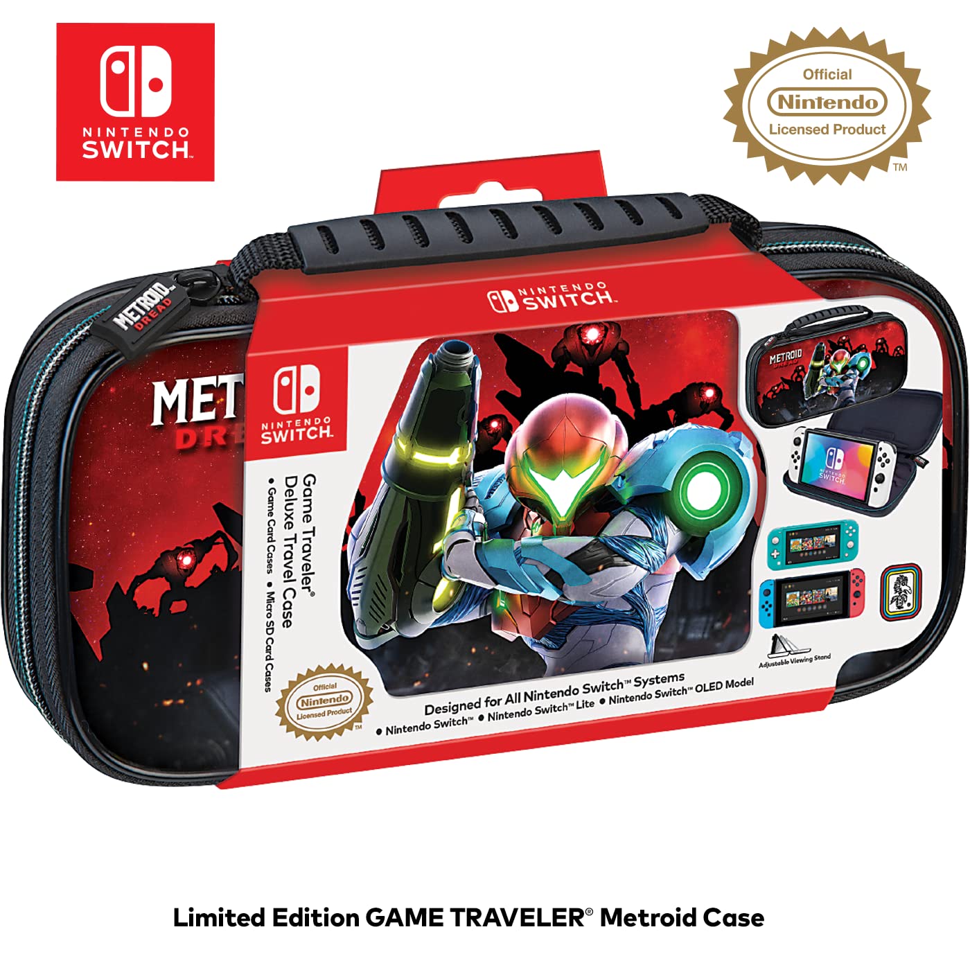 Game Traveler Metroid Nintendo Switch Case - Switch OLED Case for Switch OLED, Original Switch, Adjustable Viewing Stand & Bonus Game Cases, Deluxe Carry Handle, Licensed Nintendo Switch game case