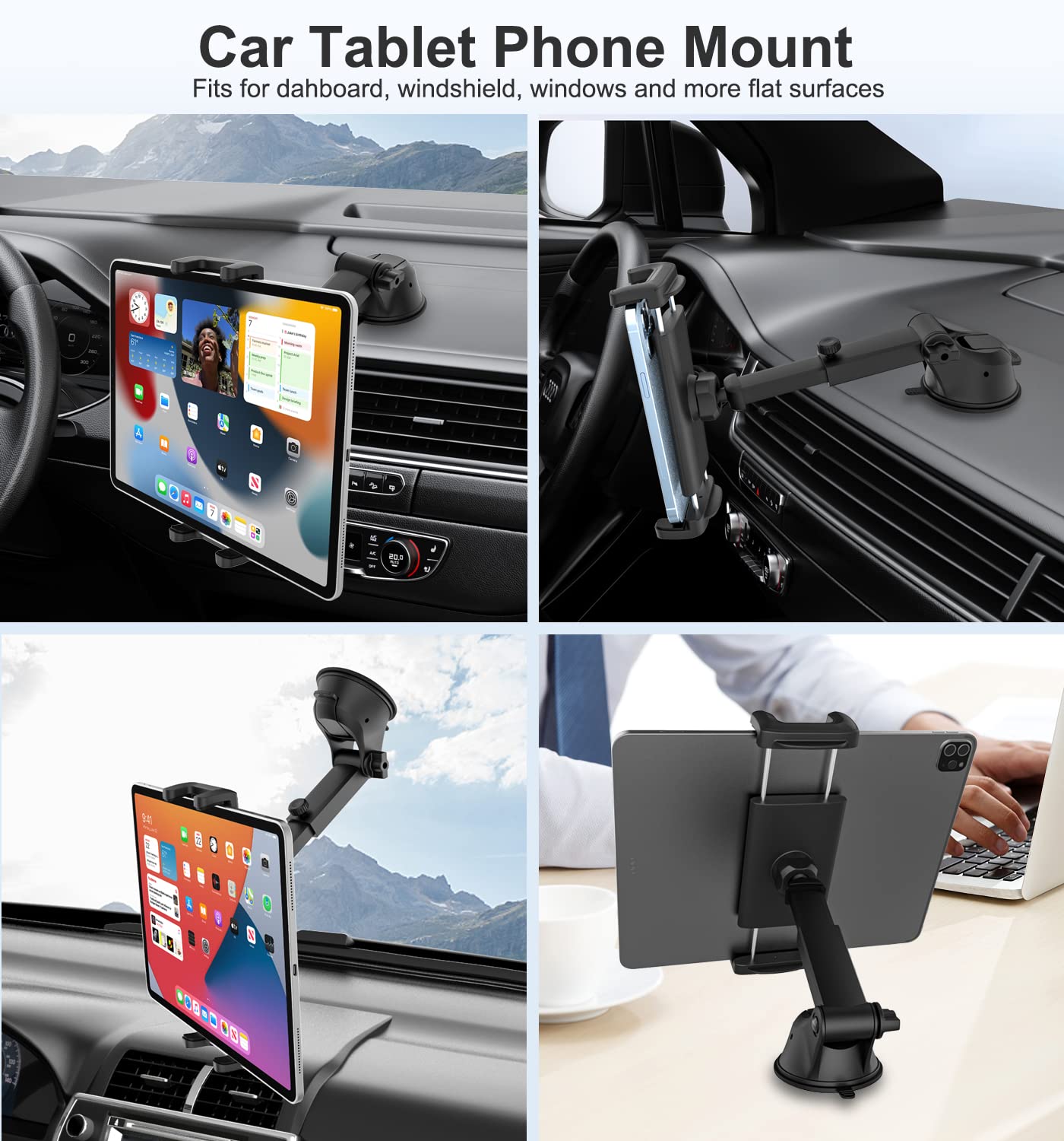 Aozcu Car Dashboard Tablet Mount for Truck, Telescopic Arm Tablet Holder with Super Sticky Suction Cup, Dash Windshield Stand for iPad Pro 12.9 11 Mini Air 5 4 3, Galaxy Tabs, iPhone, 4-13" Tablets