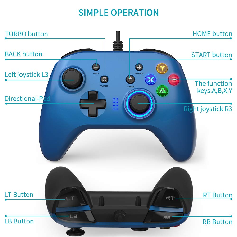ALPIAZ Wired Gaming Controller, Joystick Gamepad with Dual Vibration, PC Game Controller for PS3 Switch Windows 10 8 7 PC Laptop TV Box Android Phones, Navy Blue