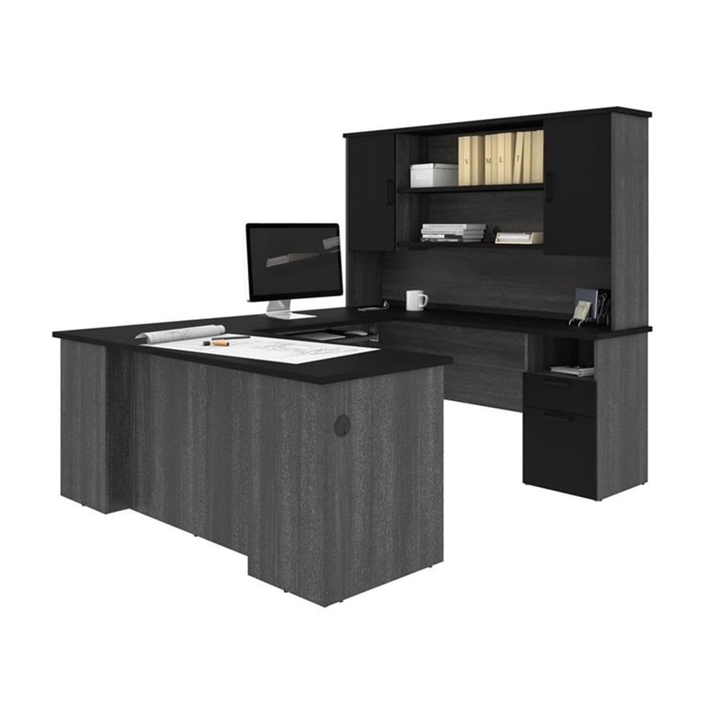 Atlin Designs Transitional Wood U Shaped Computer Desk in Black/Bark Gray
