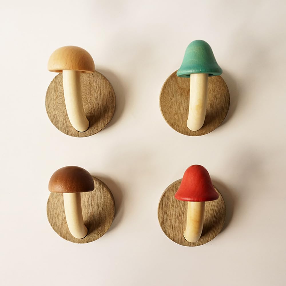Auntzyj Fun Wooden Mushroom Coat Hook, Non-Perforated Solid Wood Hook,Mushroom Wall Hook Hanger, Kitchen Bathroom Cloakroom Door Towel Hooks (Pack of 4)