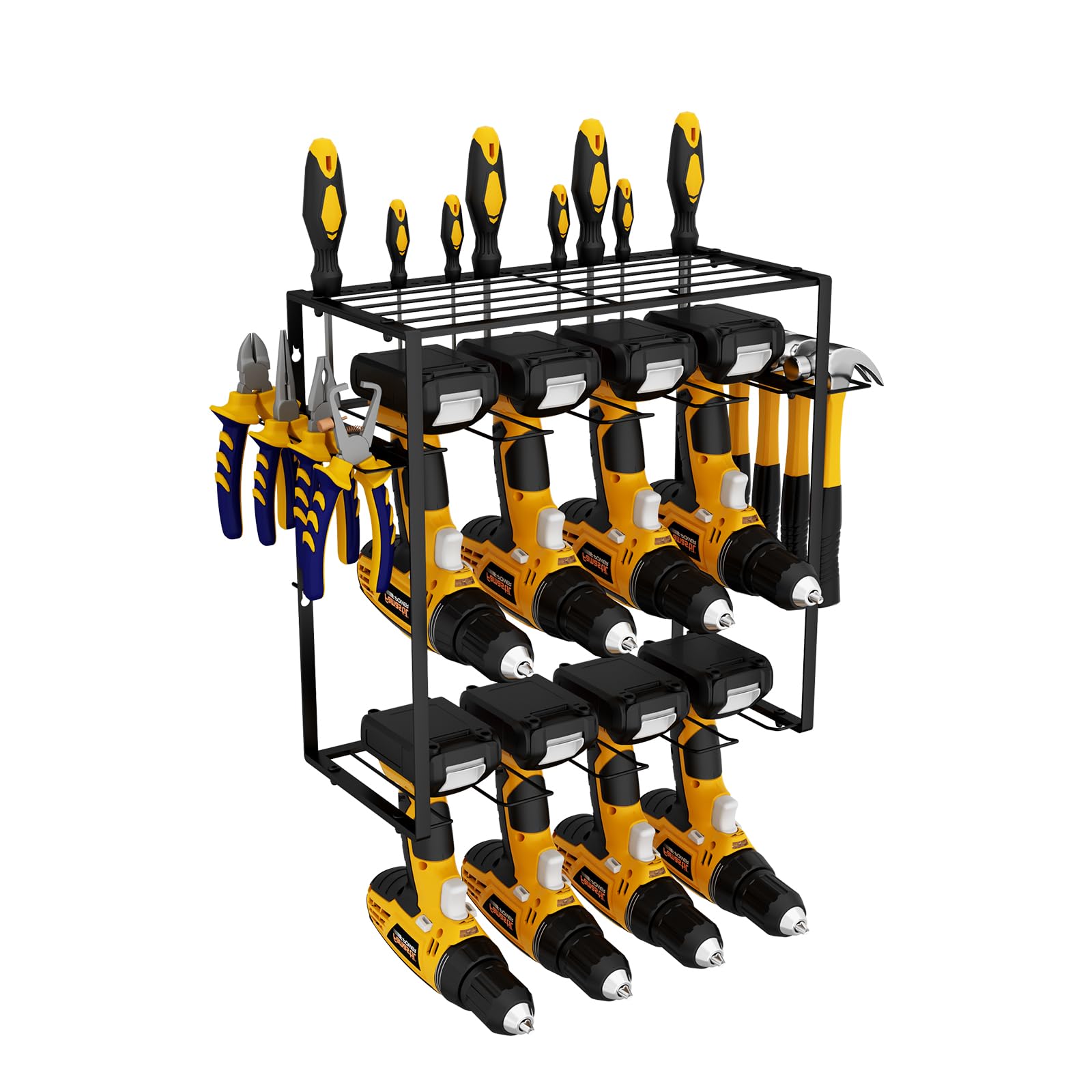 Aunulahca Power Tool Organizer, 8 Drill Holder Storage Rack, 3 Layer Heavy Duty Garage Utility Tool Shelf, Black Metal Tool Rack with Hooks, Screwdriver Hammer Holder for Garage Organization