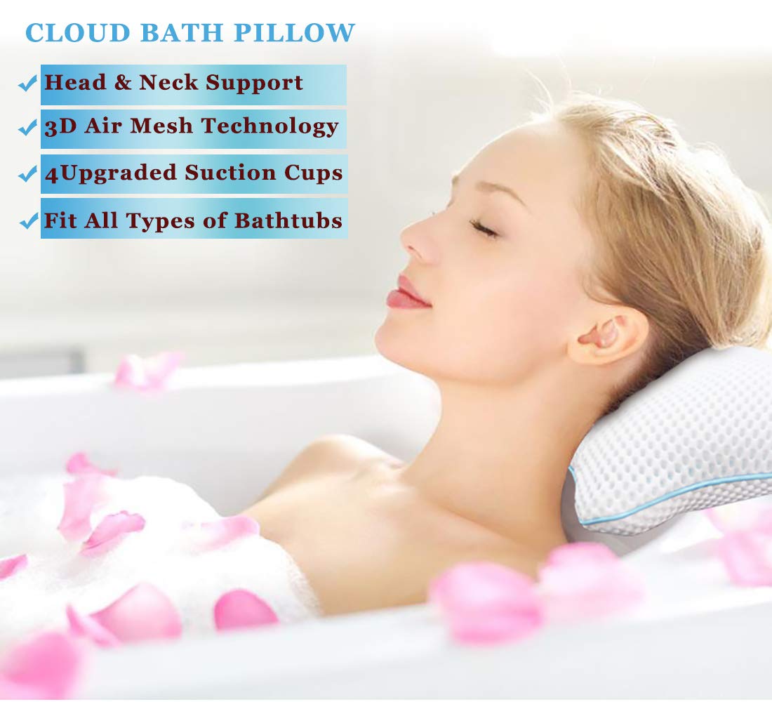 Non Slip Bath Pillow, Luxury Spa Bathtub Head & Neck Rest Support, Permeable Quick Drying Air Mesh Tub Pillow with 4 Large Suction Cups, Fits Any Tubs, Soft and Relaxing