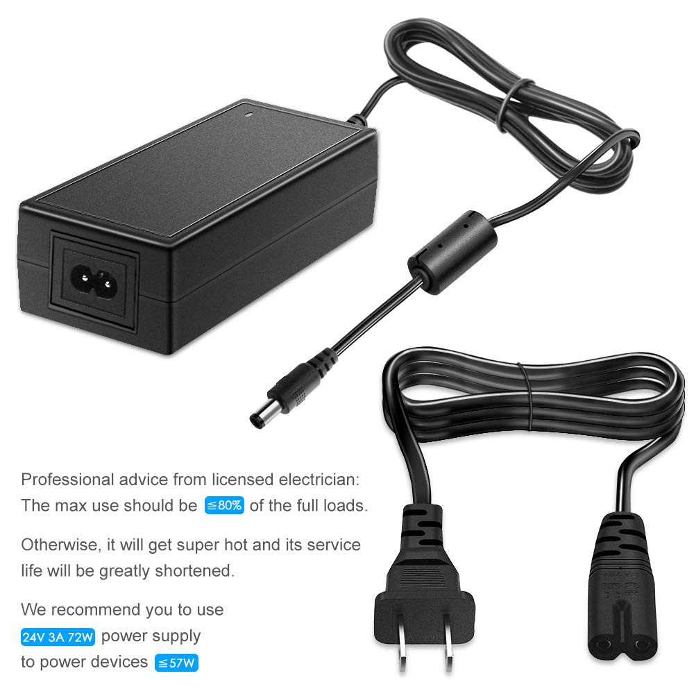 SHNITPWR 24V 3A DC Power Supply Adapter AC 100V~240V to DC 24 Volt 3 Amp 72W Converter Transformer 5.5x2.5mm Plug for 5050 3528 LED Strip Light 3D Printer LED Driver CCTV Security System LCD Monitor