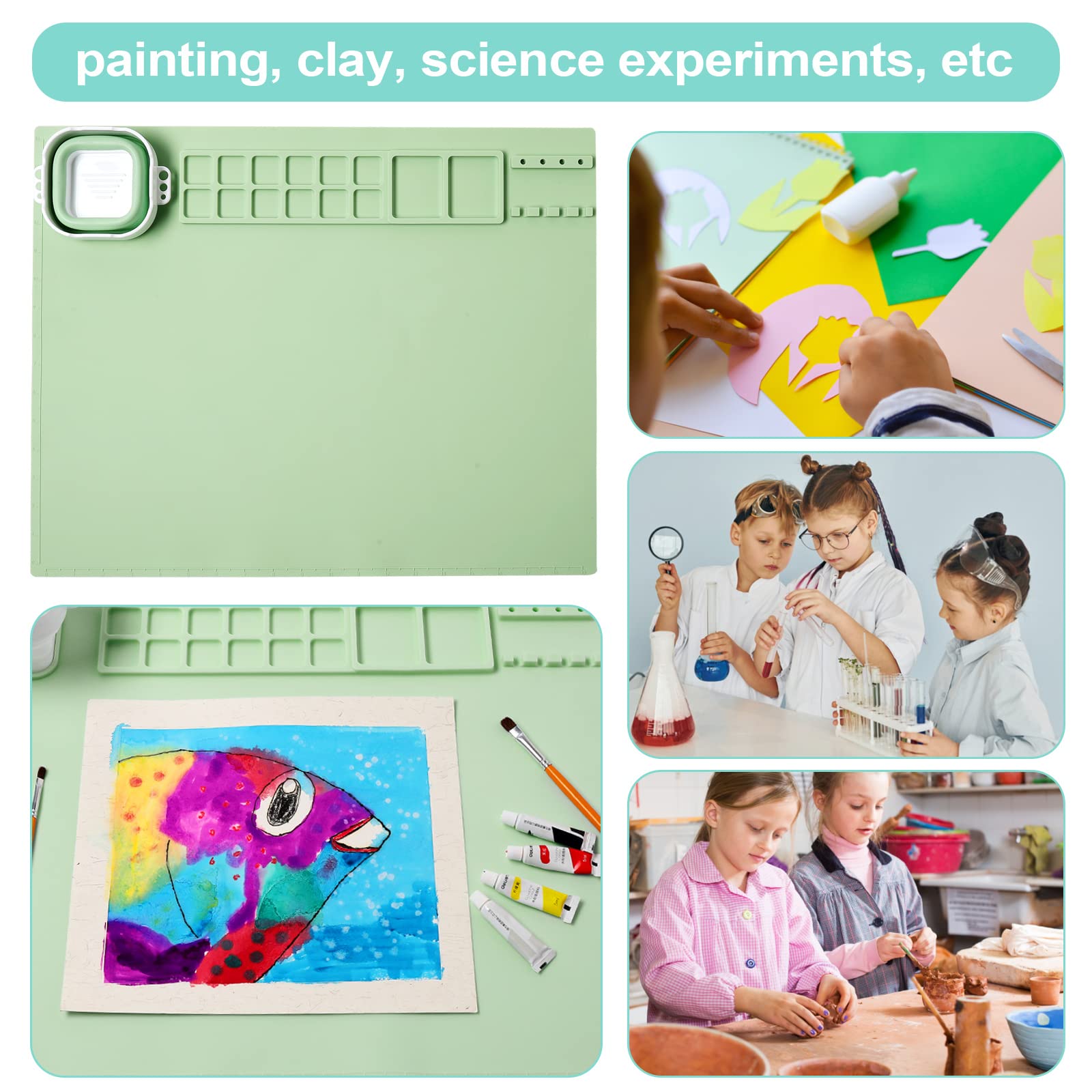 AWOKE Silicone Painting Mat - 20"X16" Silicone Art Mat with 1 Water Cup for Kids - Silcone Craft Mat has12 Color Dividers - 2 Paint Dividers (Green)