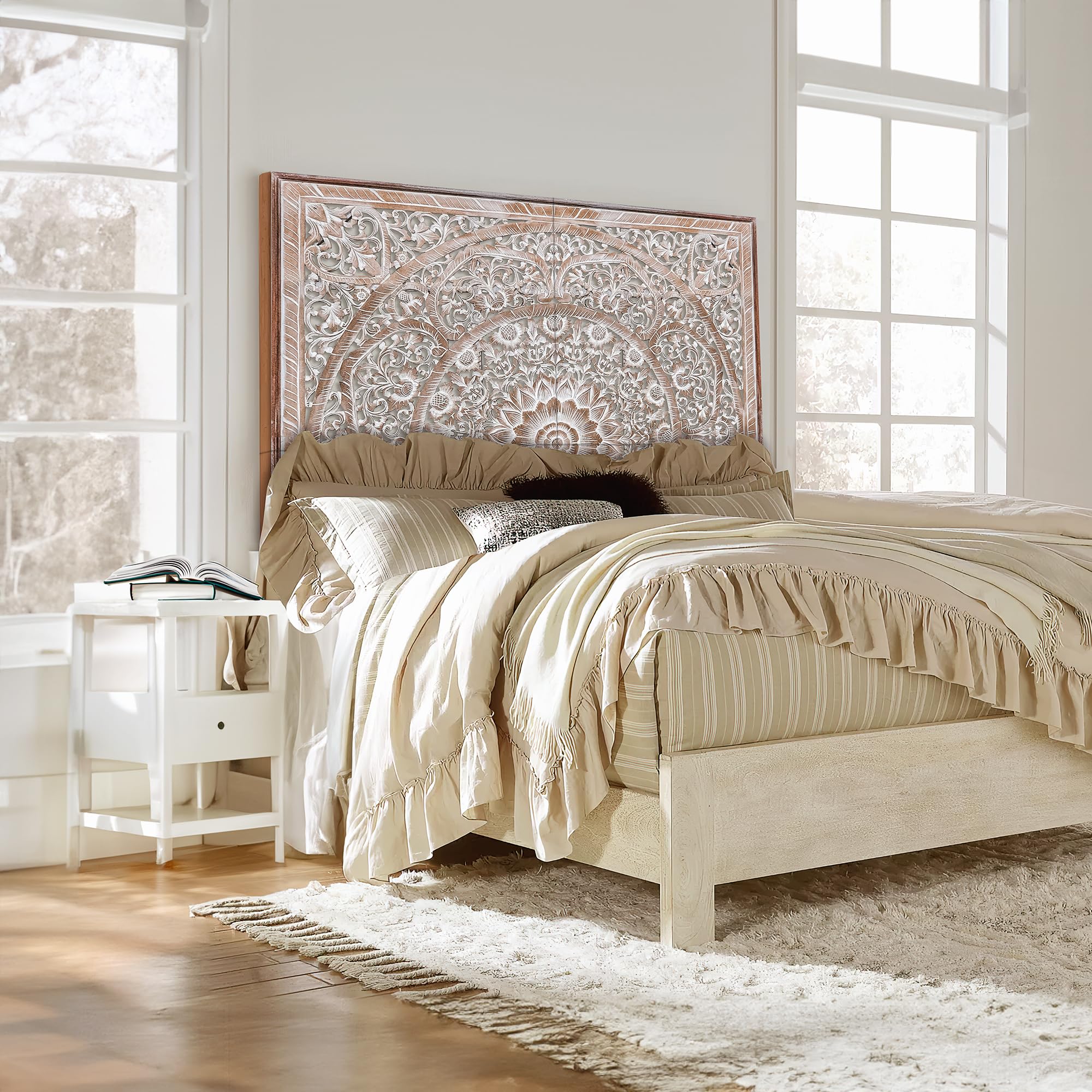 King Wood Headboard Rustic | Carved Full Headboard Only | Wooden Headboard Full Size Bed | Wall Mount Headboard King | Full Bed Headboard Panels (Manusa Antic, Cal King)