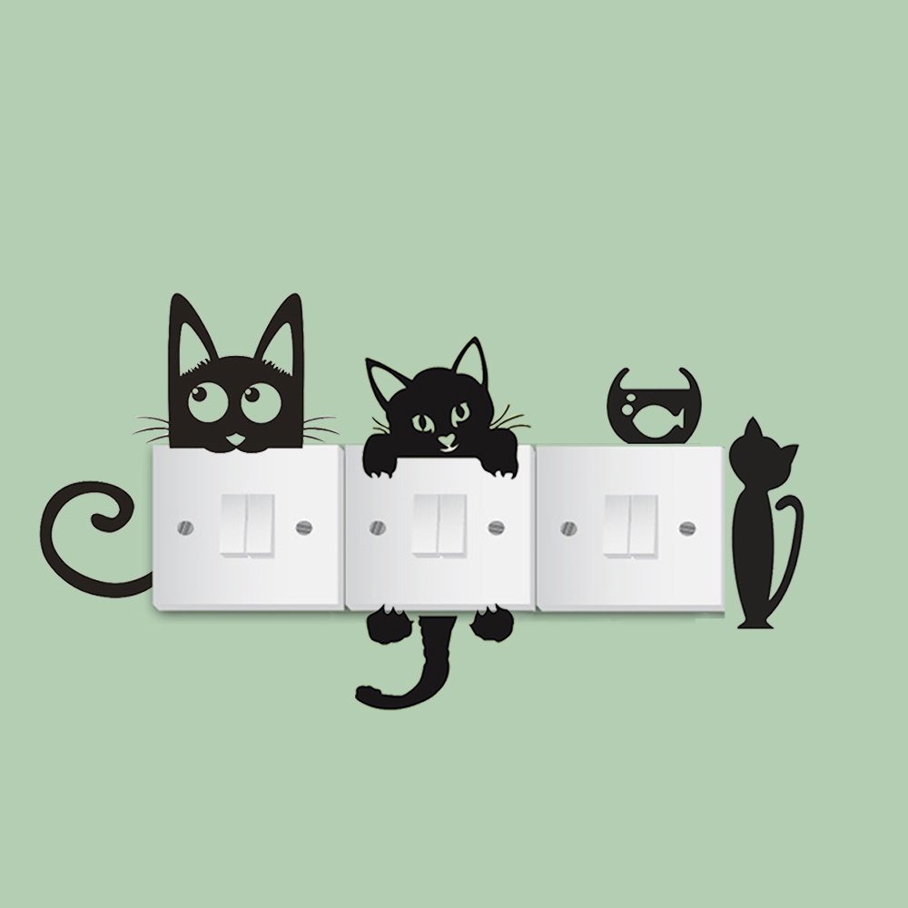 Removable Switch Sticker, 6 Pcs Cute Black Cats Cartoon Wall Sticker, Light Switch Decor Decals, Family DIY Decor Art Stickers Home Decor Wall Art for Kids Living Room Office Home Decoration
