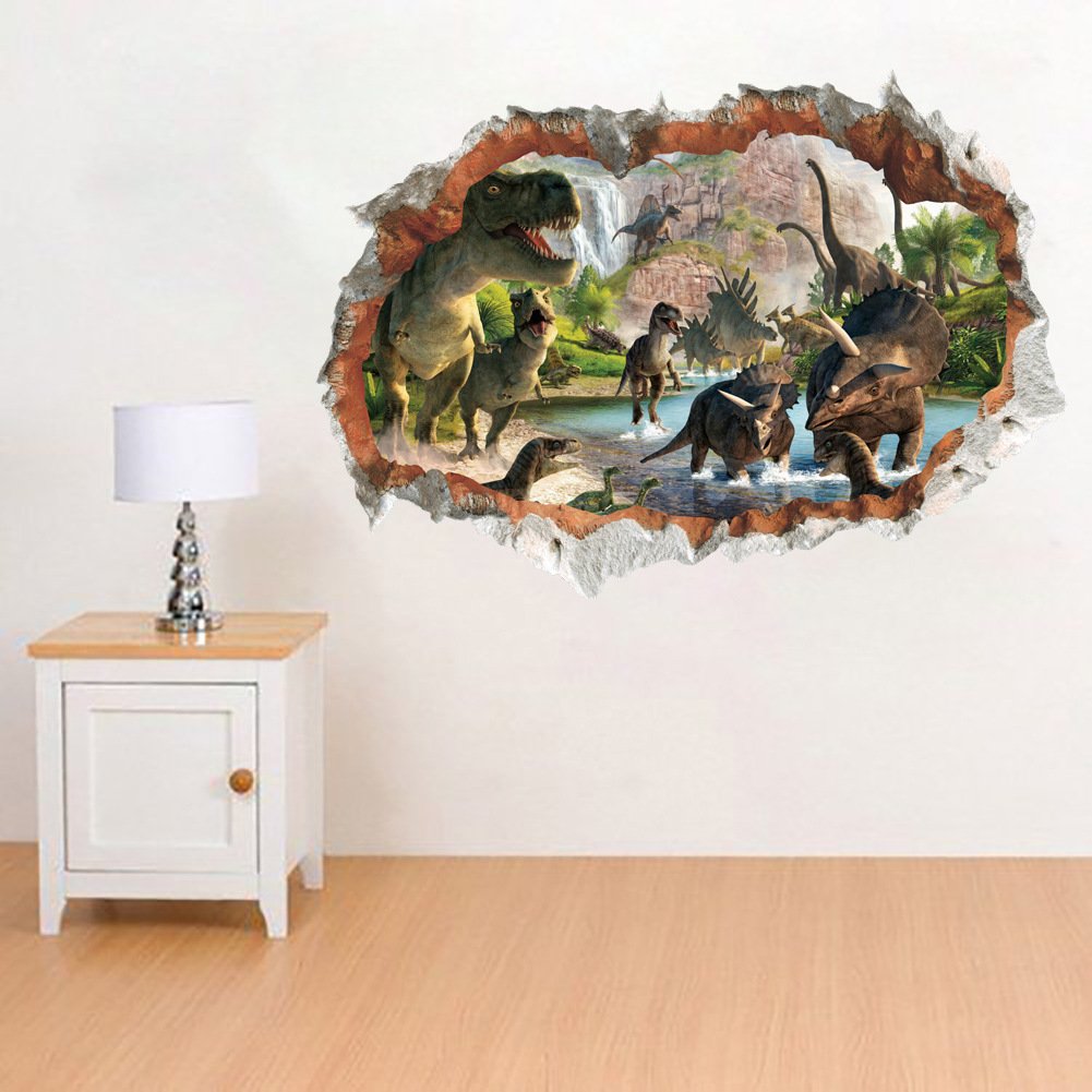 MLM 3D Dinosaurs Simulation Crack Hole Stickers Self-Adhesive Peel and Stick Wall Decal Mural Living Room Bedroom Kids' Room Nursery Decor Playroom Decor