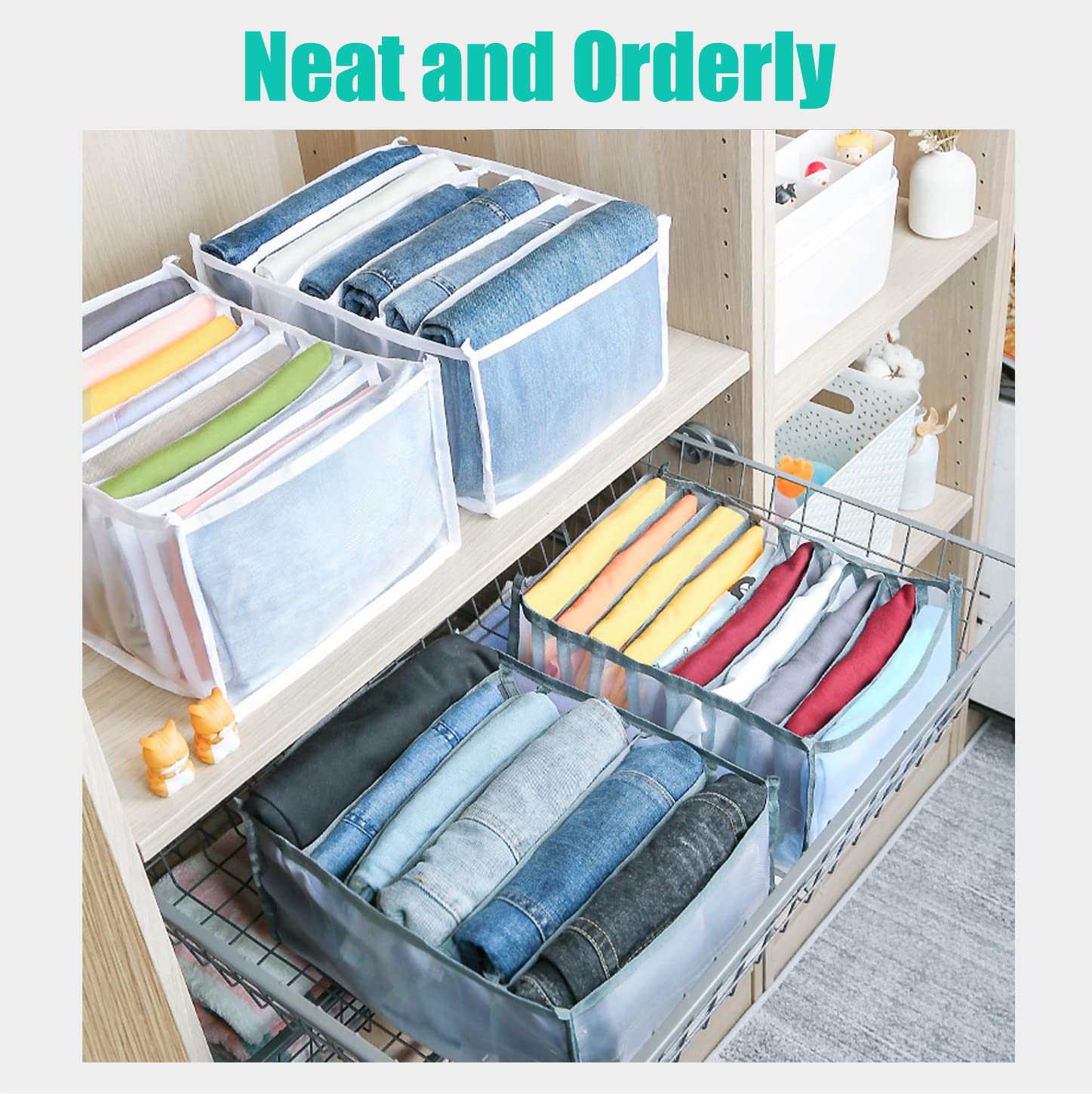 ORAV 7 Grids Wardrobe Organizer, Jeans Compartment Mesh Cloth Storage Box - Portable Pants drawers organizer for folded clothes (2Pcs Small, White)