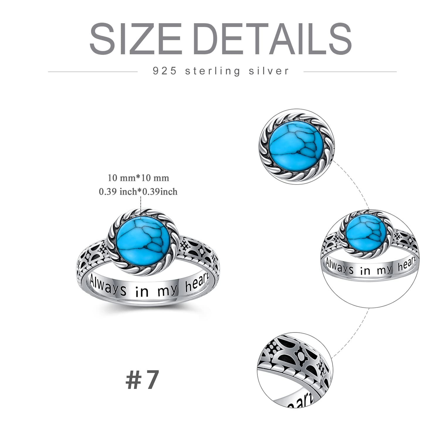 Althum 925 Sterling Silver Vintage Round Shaped Created Turquoise Ring Always in My Heart Ring Jewelry (Size 8)