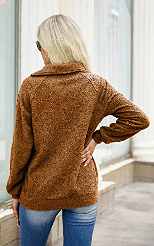 Amkoyam Women's Long Sleeve Lapel Faux Fleece Shaggy Lightweight Warm Sweatshirt Fuzzy Zipped Up Pullover(Camel, Small)