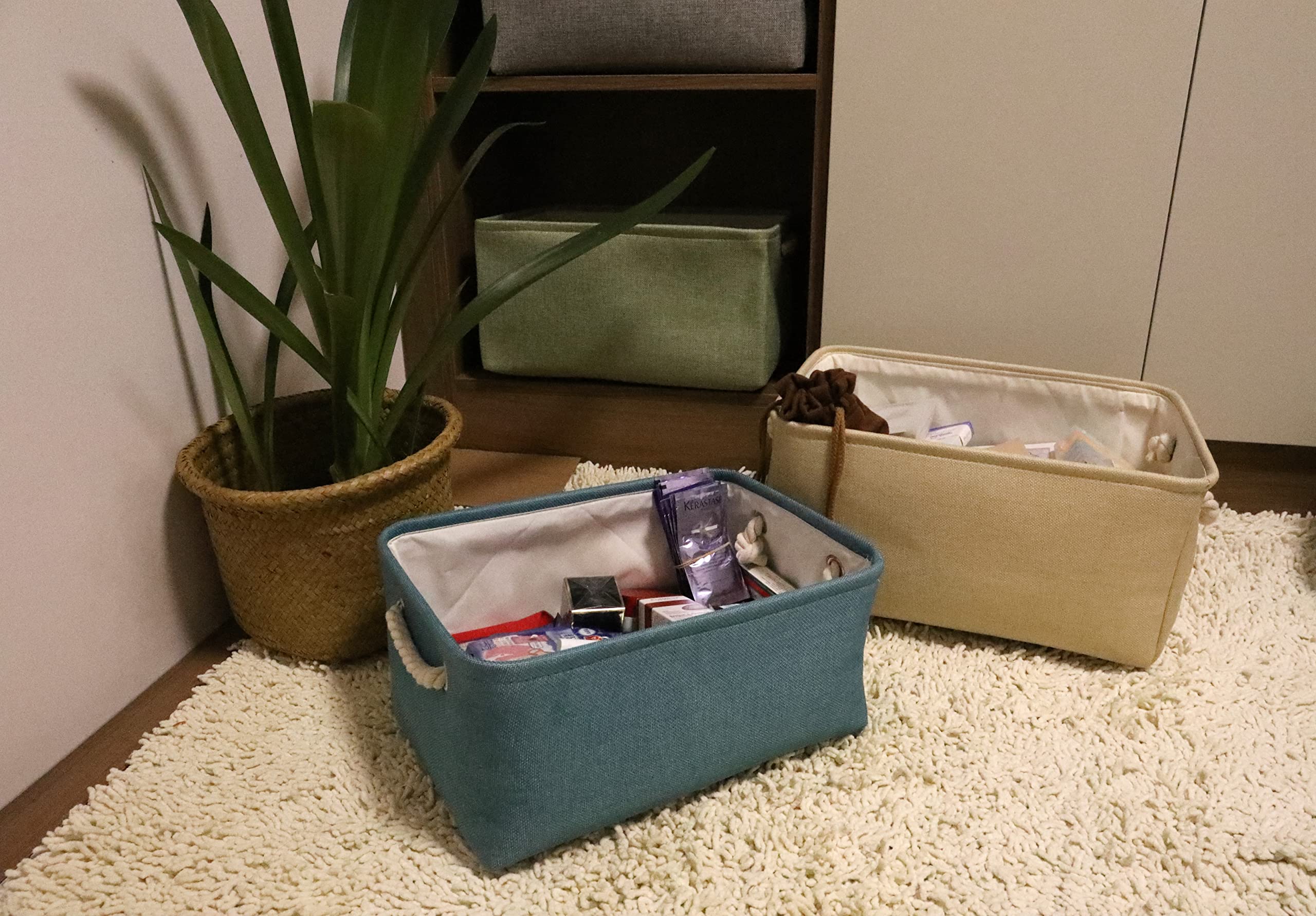 ROLLSNEA Fabric Storage Bins With Handles | Large Collapsible Storage Cubes Organizer Bins Linen Closet Organizer and Storage Basket for Shelves Closet (Dark Blue,16.2L×12.6W×8H - 3Pack)