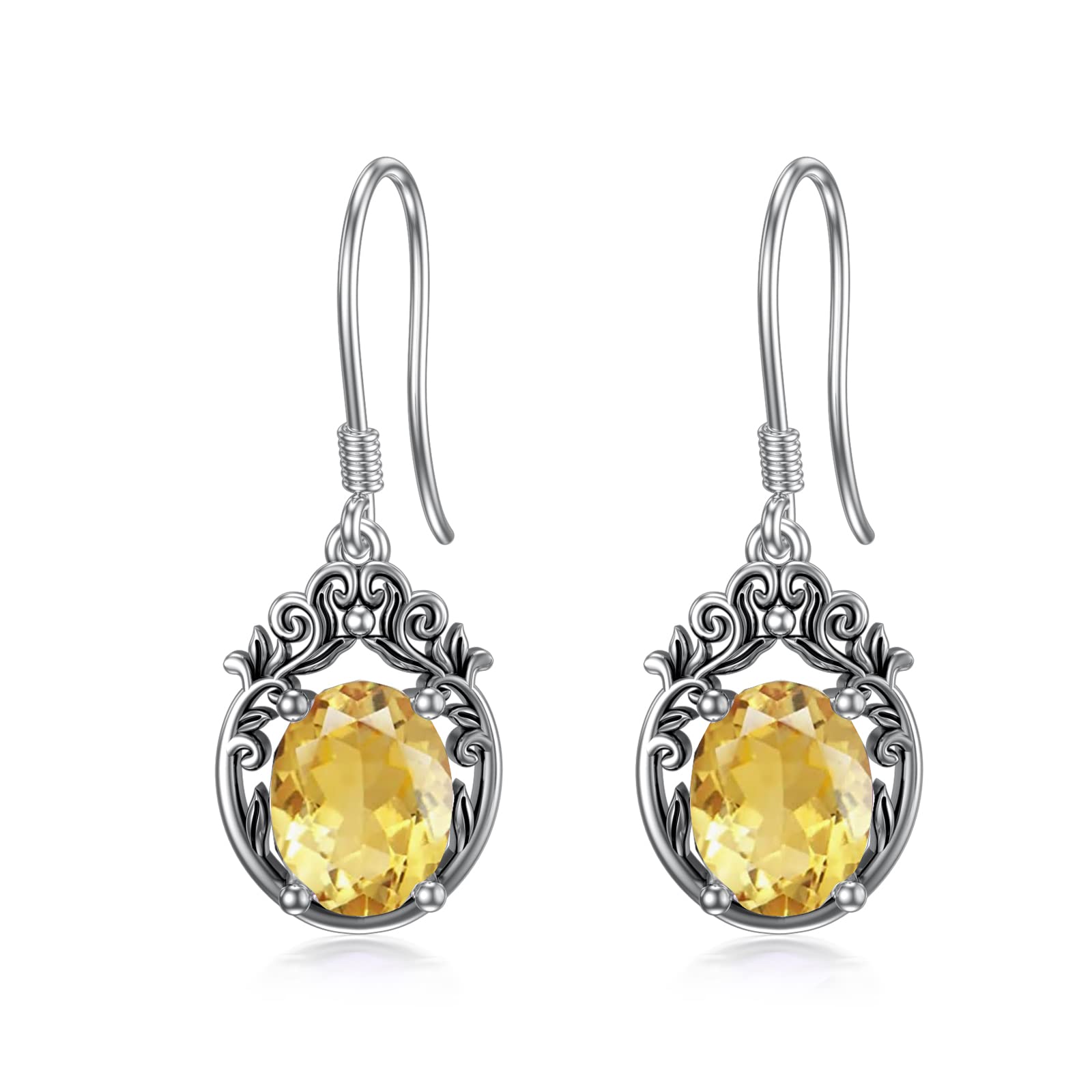 Althum Citrine Earrings 925 Sterling Silver 7x9mm Oval Cut Genuine Yellow Citrine with Vintage Filigree Drop Dangle Earrings for Women