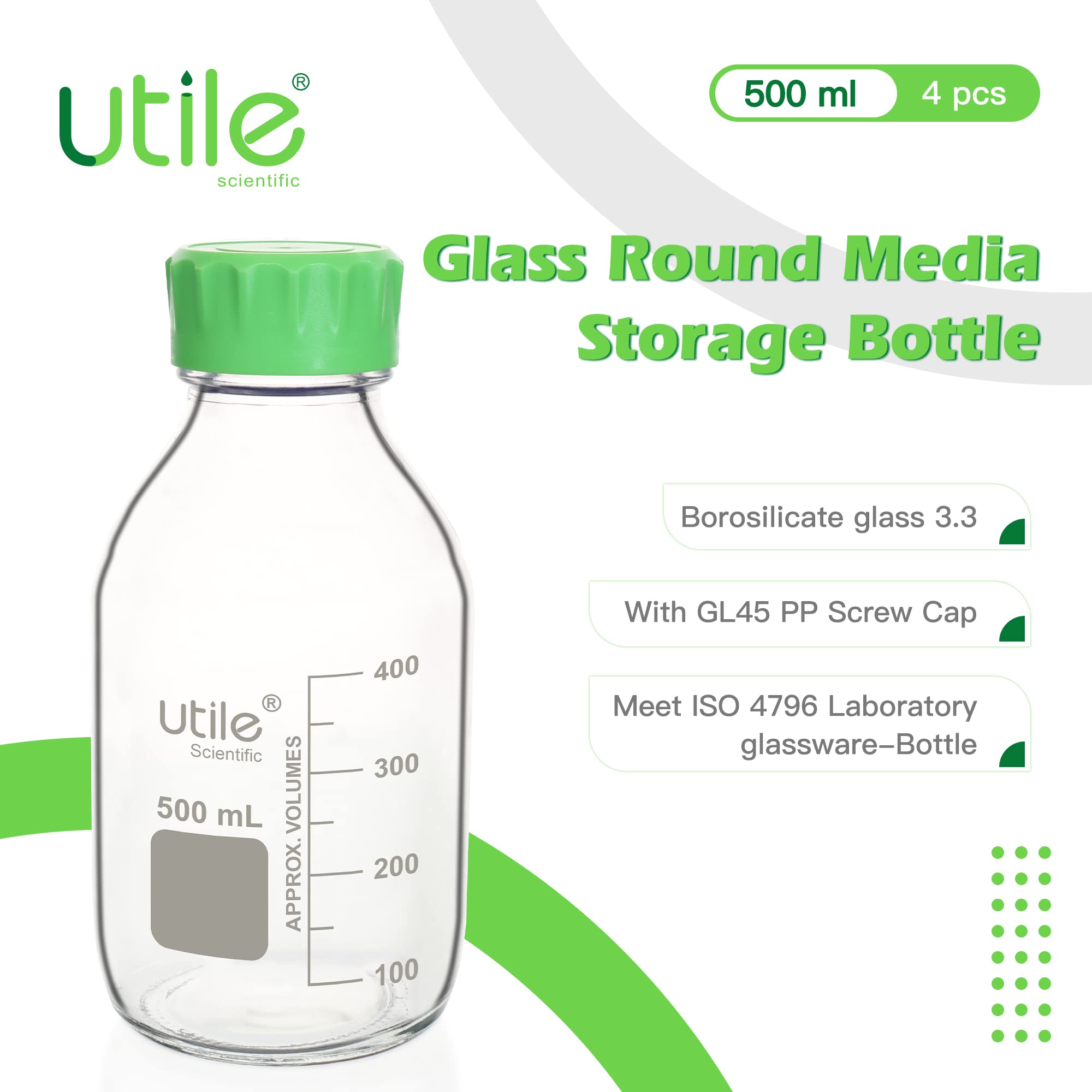 Utile Media Bottle, 3.3 Borosilicate Glass Bottles with GL45 Screw Caps, 4pcs of 500ml(16.9oz) Lab Media Bottles, PP Material Media Storage Bottle, 4038.0500.4