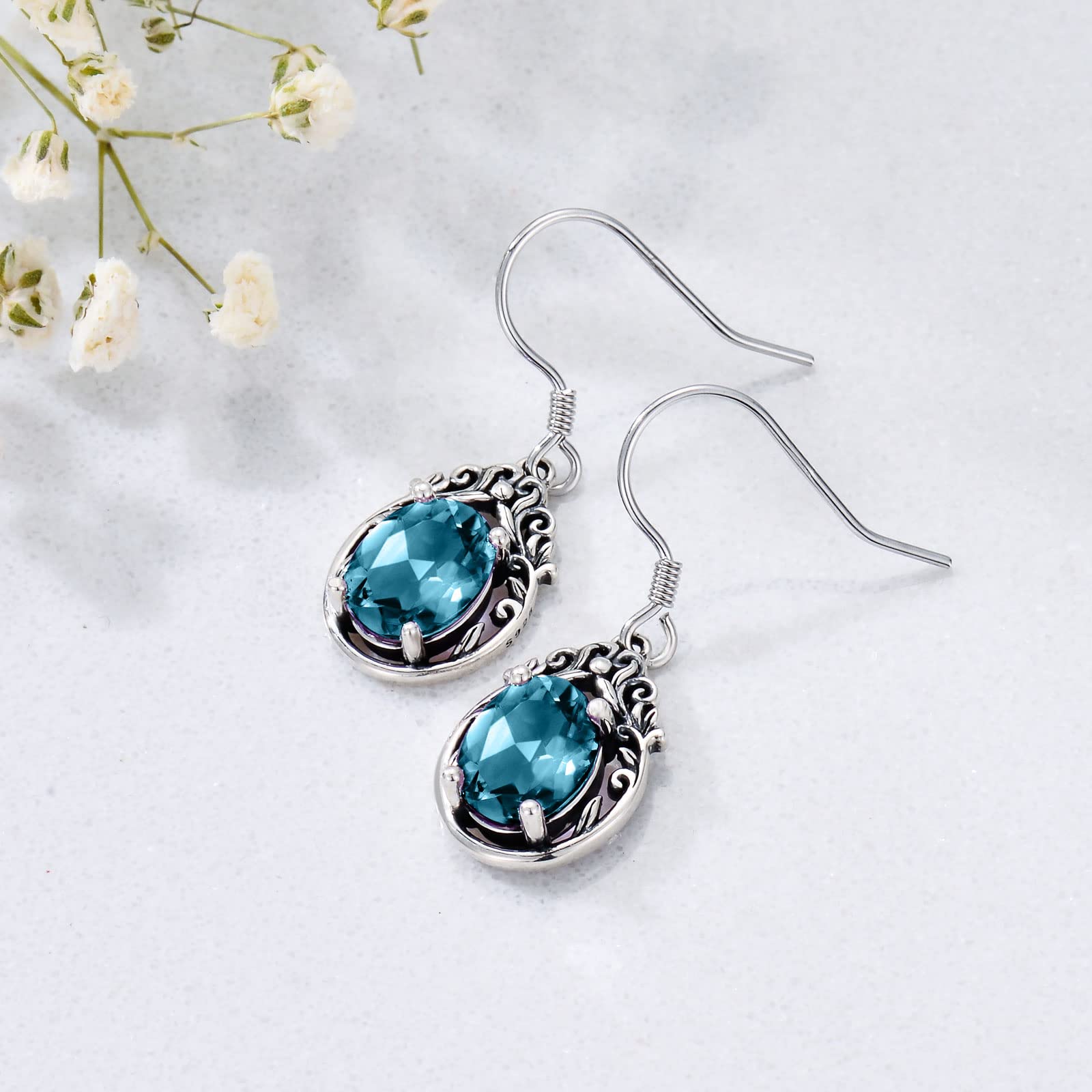 Althum Natural Topaz Earrings 925 Sterling Silver 7 x 9 MM Genuine London Blue Topaz Dangle Earrings for Women