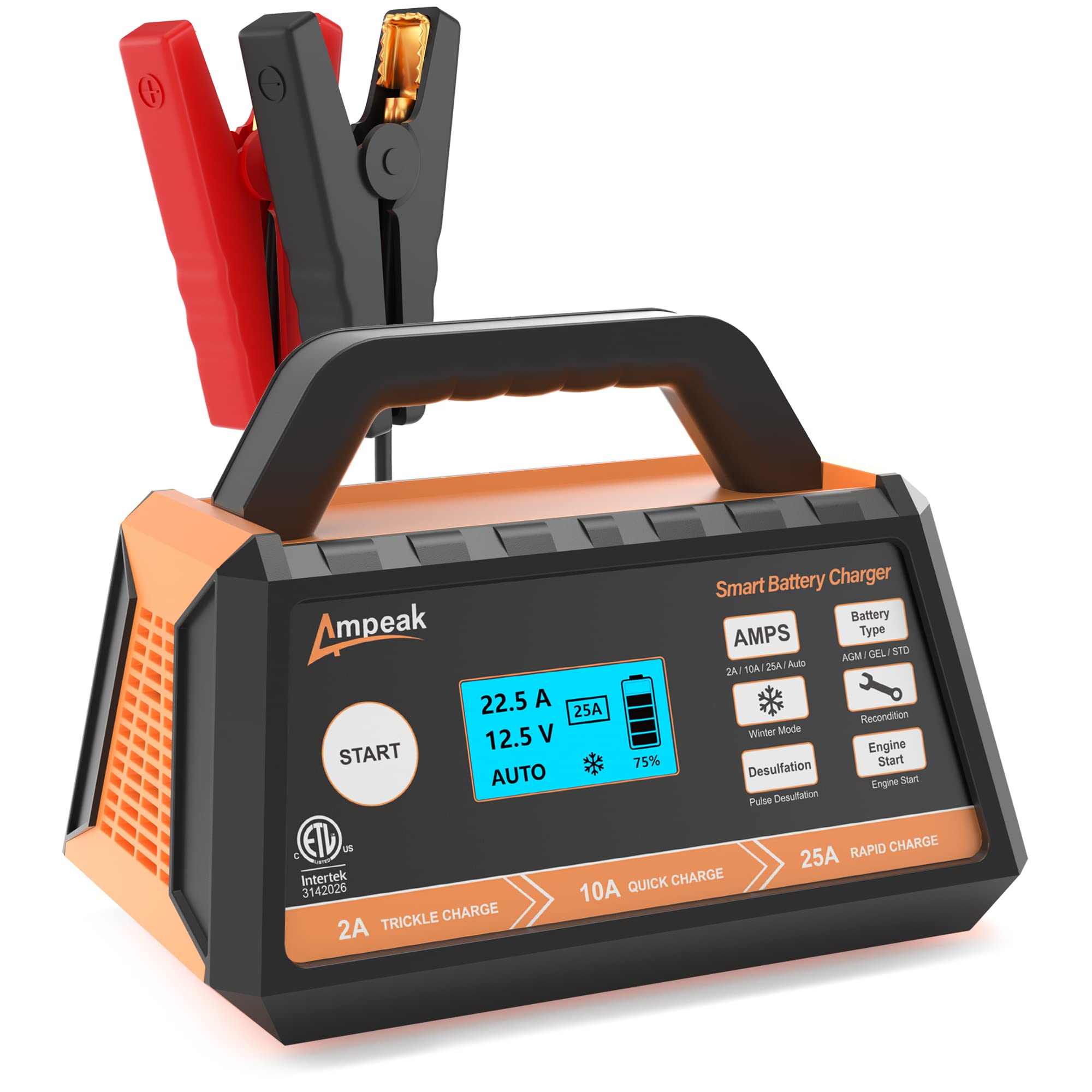 Ampeak 2/10/25 Amp Car Battery Charger, 12V Fully Automatic Smart Battery Maintainer with Engine Start, Battery Recondition, Auto Desulfator
