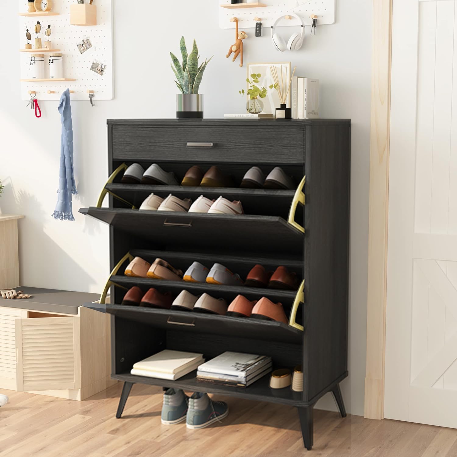 AWQM Shoe Storage Cabinet for Entryway, Free Standing Shoe Organizer with 2 Flip Drawers,Hidden Shoe Rack Storage Organizer for Doorway Hallway Closet, Black