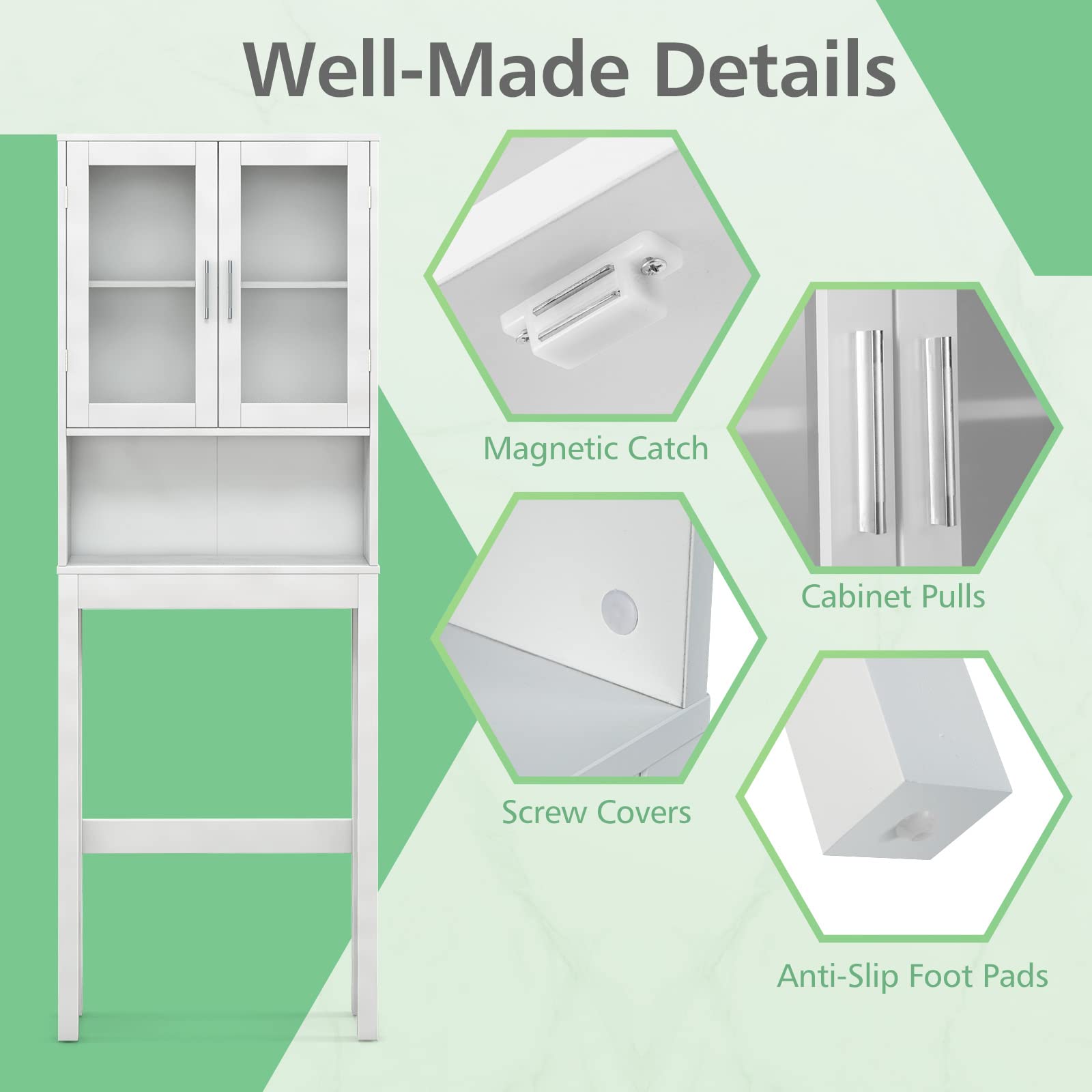 BestComfort Over The Toilet Storage Cabinet, Bathroom Organizer with Frosted Glass Doors, Adjustable Shelf, Open Compartment, Freestanding Over Toilet Rack Unit for Washroom Laundry (67'' H)