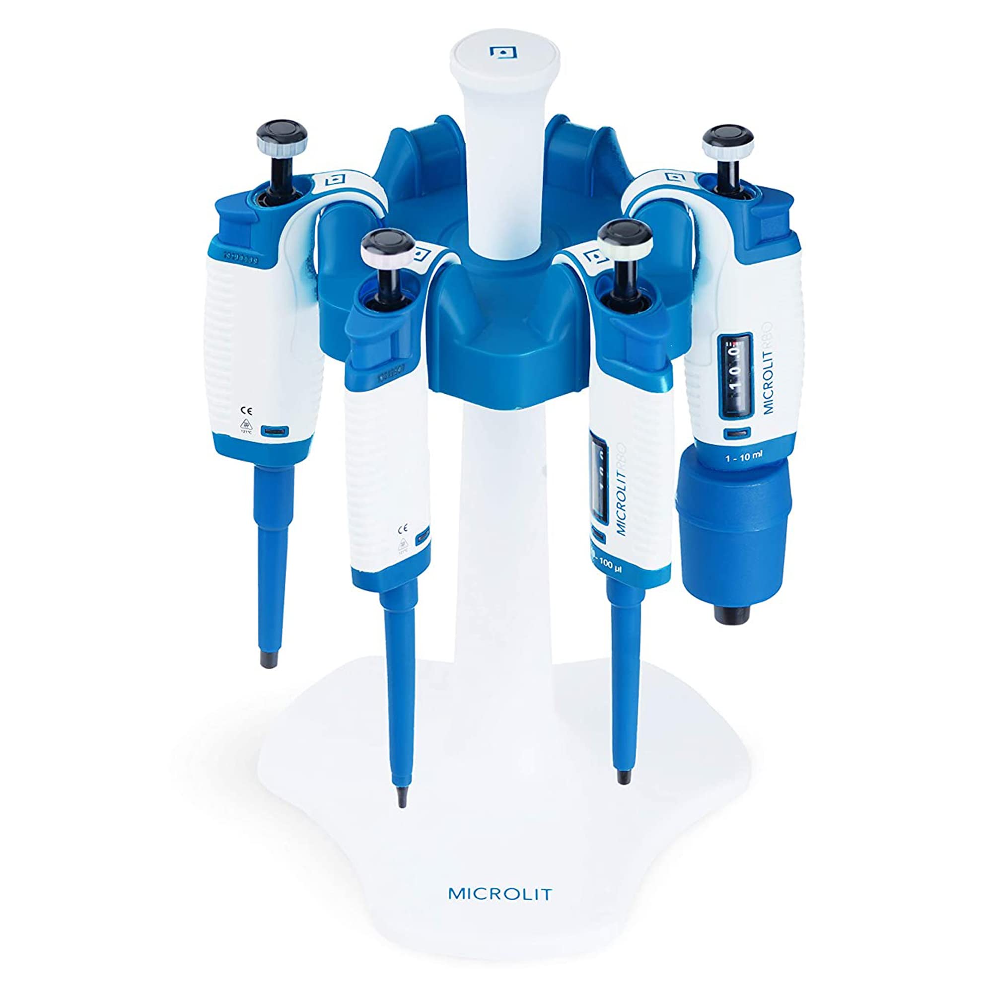 MICROLIT - Complete Starter Kit, Pipettes with 0.5-10ul, 10-100ul, 100-1000ul and 1-10ml Liquid Capacity, 4-Piece Set of Pipettes with a Carousel Stand and Compatible Micropipette Tips