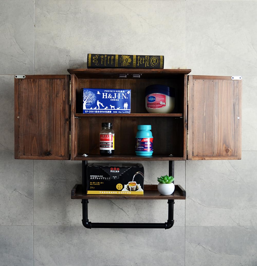 Juleduo 23.1x16.9'' Bathroom Wall Cabinet with Adjustable Wall Shelf & Towel Bar Double Doors Medicine Cabinet Wall Mounted with Hanging Bar, Rustic Wood Storage Kitchen (Black)