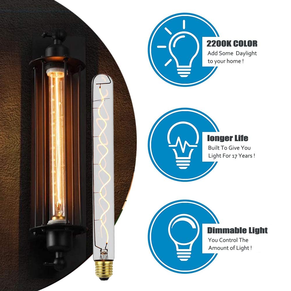 WOPARU Long Test Tube Spiral Vintage Edison Filament Light Bulb,T10/T32 Medium (E26) Standard Base E27,4W 2200K 240LM Dimmable LED Edison Bulb,40W Equivalent Warm White (Clear Glass)