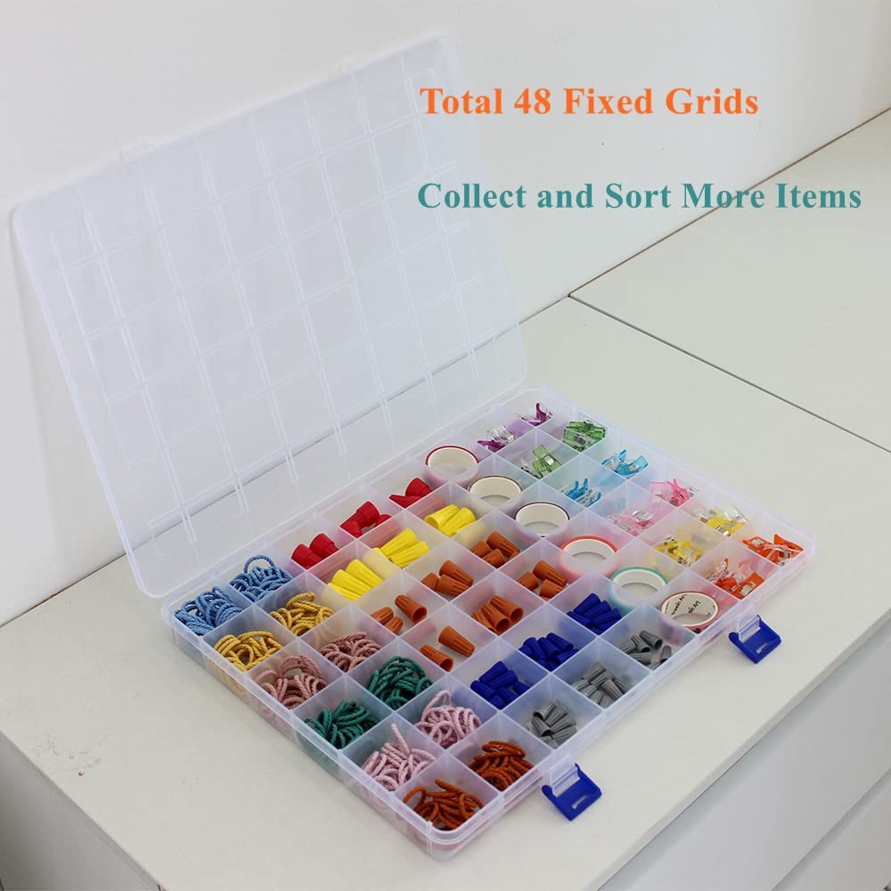 BangQiao 2 Pack Fixed 48 Grids Clear Plastic Divider Storage Box, Transparent Organizer Container Case for Bead, Button, Jewelry, Diamond, Craft, Small Parts, Sewing Kit,DIY Accessories