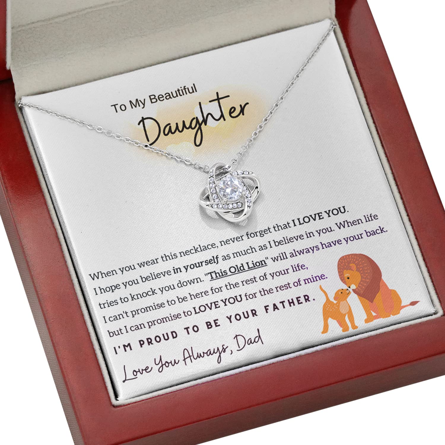 Awesomesons to My Daughter I am Proud To Be Your Father Lion Dad And Daughter Necklace, Daughter Gifts From Dad, Father Daughter Gifts Love Knot Necklace Birthday Gift for Daughter From Dad, Metal,