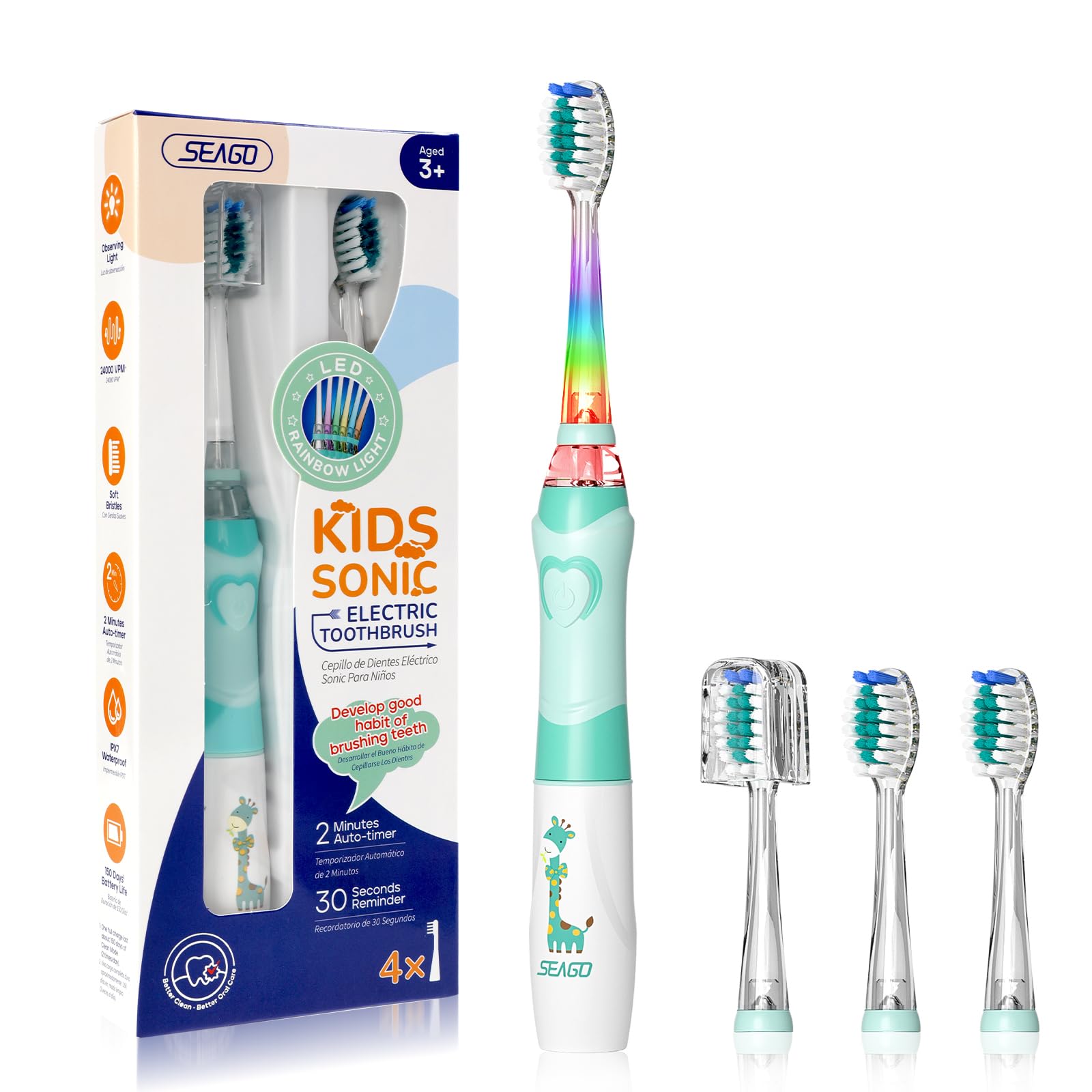 SEAGO Kids Electric Toothbrush with 2 Mins Brushing Timer and 4 Replacement Bursh Heads, Rainbow LED Light Make Brushing Fun, Green Color Boys Battery Powerd Toothbrush for 4-12 Years Old,SG-977