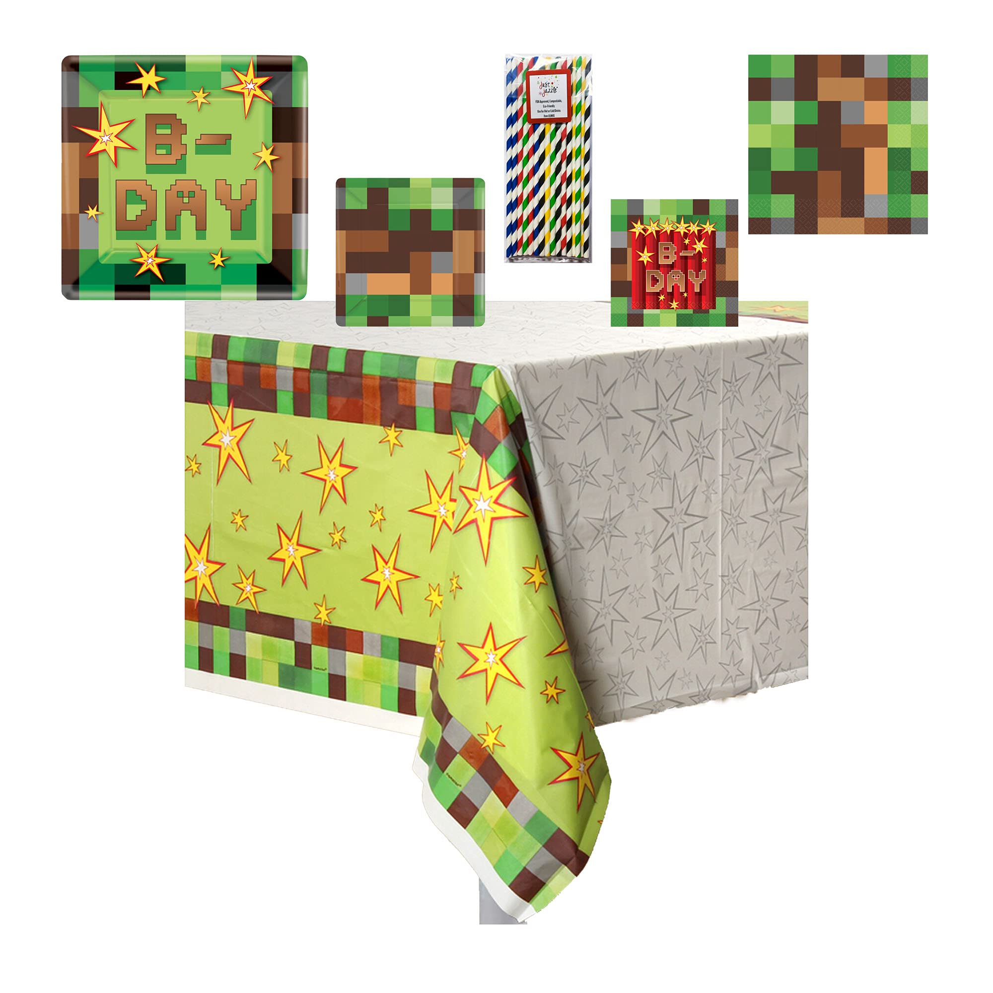 Amscan TNT Pixelated Gaming Birthday Party Tableware Kit Napkins, Plates, Tablecover Bundle, 16 Guests