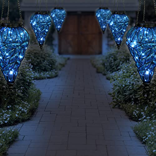 Exhart Outdoor Garden Solar Lights, Tear-Shaped Glass and Metal Hanging Lantern, 15 Firefly LED Lights, 7 x 24 Inch, Blue