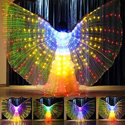 Cegduyi Women LED Belly Dance Angel Isis Wings Dancing Wings Colorful Butterfly Wings with Telescopic Stick