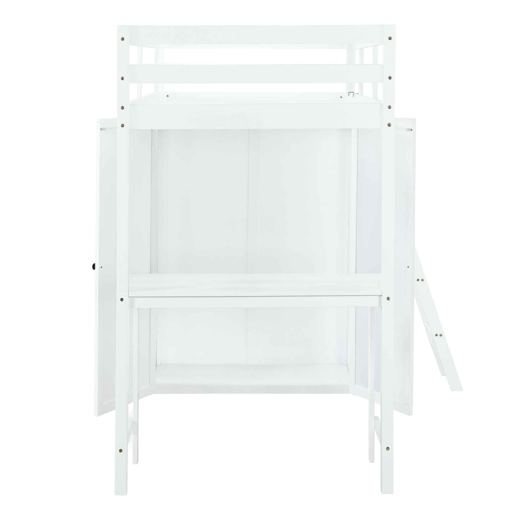ATY Twin Size Loft Bed with 4 Storage Shelves and Wardrobe, Solid Wood Bedframe w/Desk & Ladder, Maximum Space, No Spring Needed Required, for Kids Teens Adults, White
