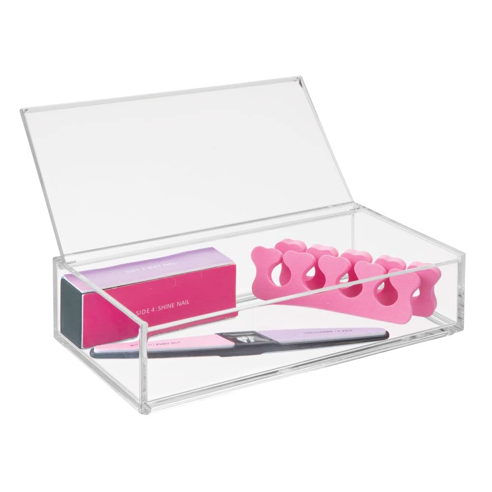 mDesign Small Makeup Organizer Box with Lid for Vanity Countertops, Cabinet - Store Makeup Brushes, Eye Shadow Palettes, Lipstick, Lip Gloss, Blush, Jewelry - Plastic, 2 Pack - Clear