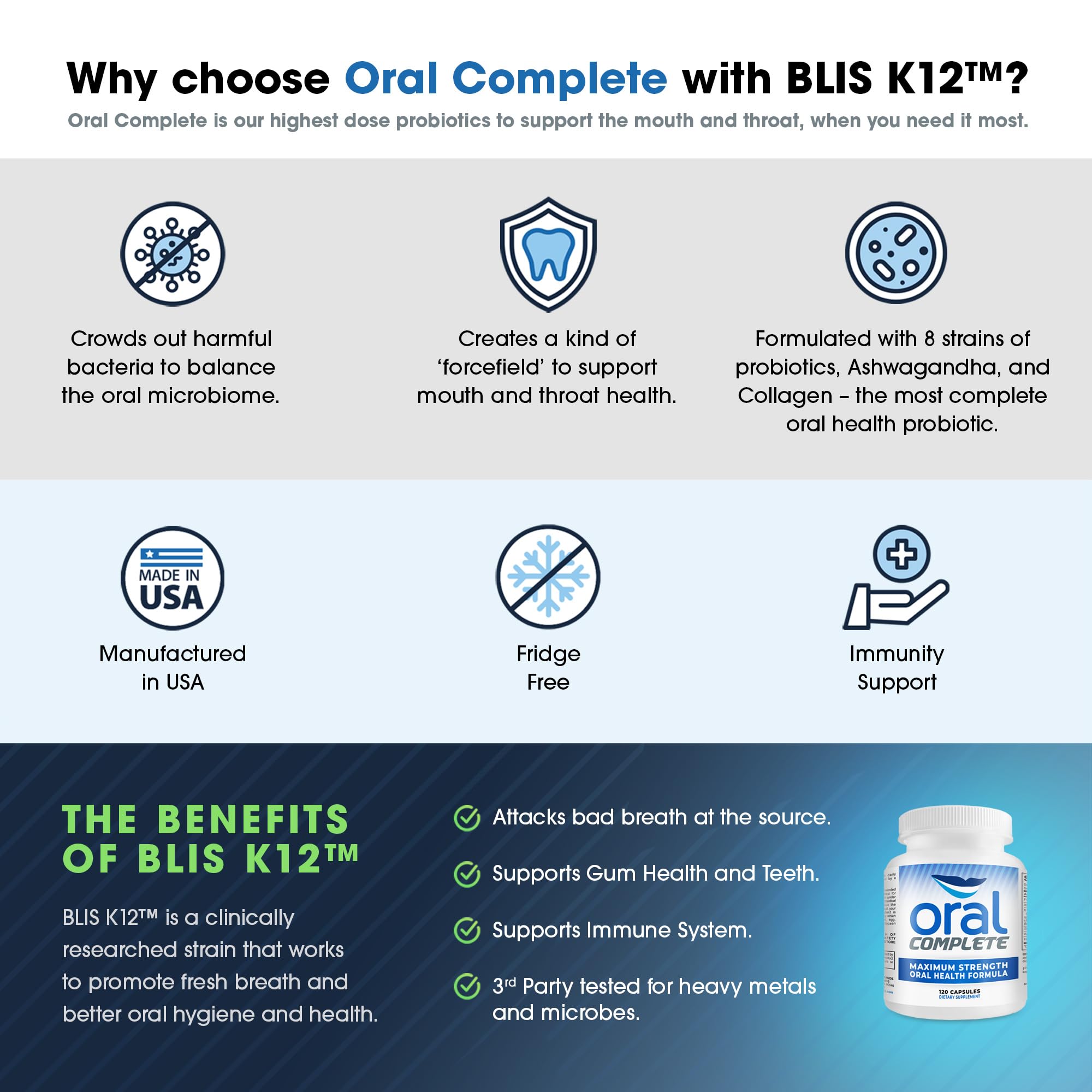 Oral Complete 11-in-1 Dental Probiotics, Bad Breath Treatment Halitosis Tonsil Stone with Non-GMO with BLIS K12, Ashwagandha and Collagen, 120 Capsules