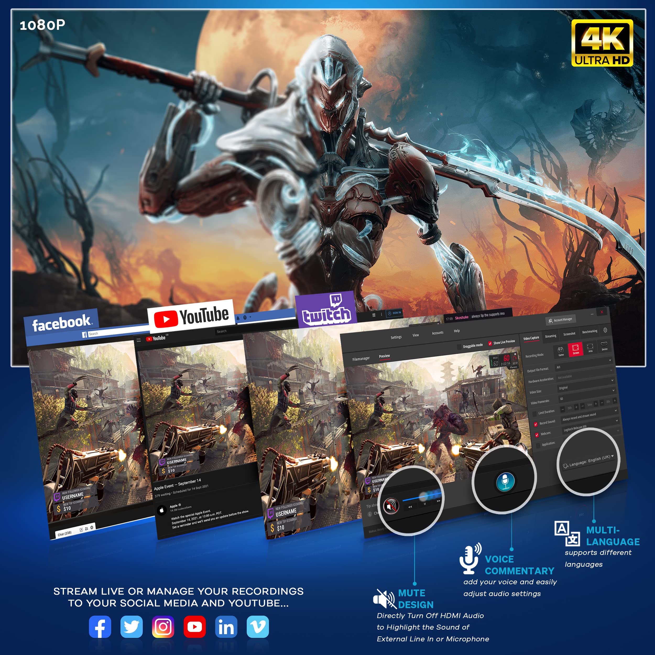 Pyle Live Gamer HDMI 4K Live Record and Stream, Multi Video Format Support, Audio-VideoLine in/Out, Super High Speed, Real Time Gameplay, Conference Live Broadcast, PCI-E Gen2 - PLINK4