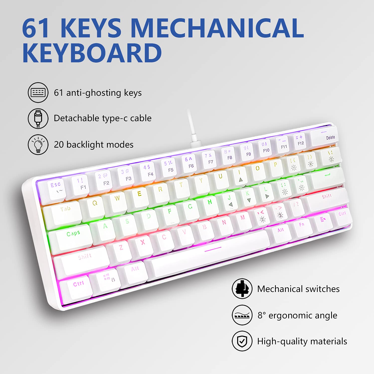 RedThunder 60% Mechanical Gaming Keyboard, 61 Keys Ultra-Compact Wired Mini Keyboard, Rainbow RGB Backlight for Typist Laptop PC Mac Gamer (White, Red Switch)