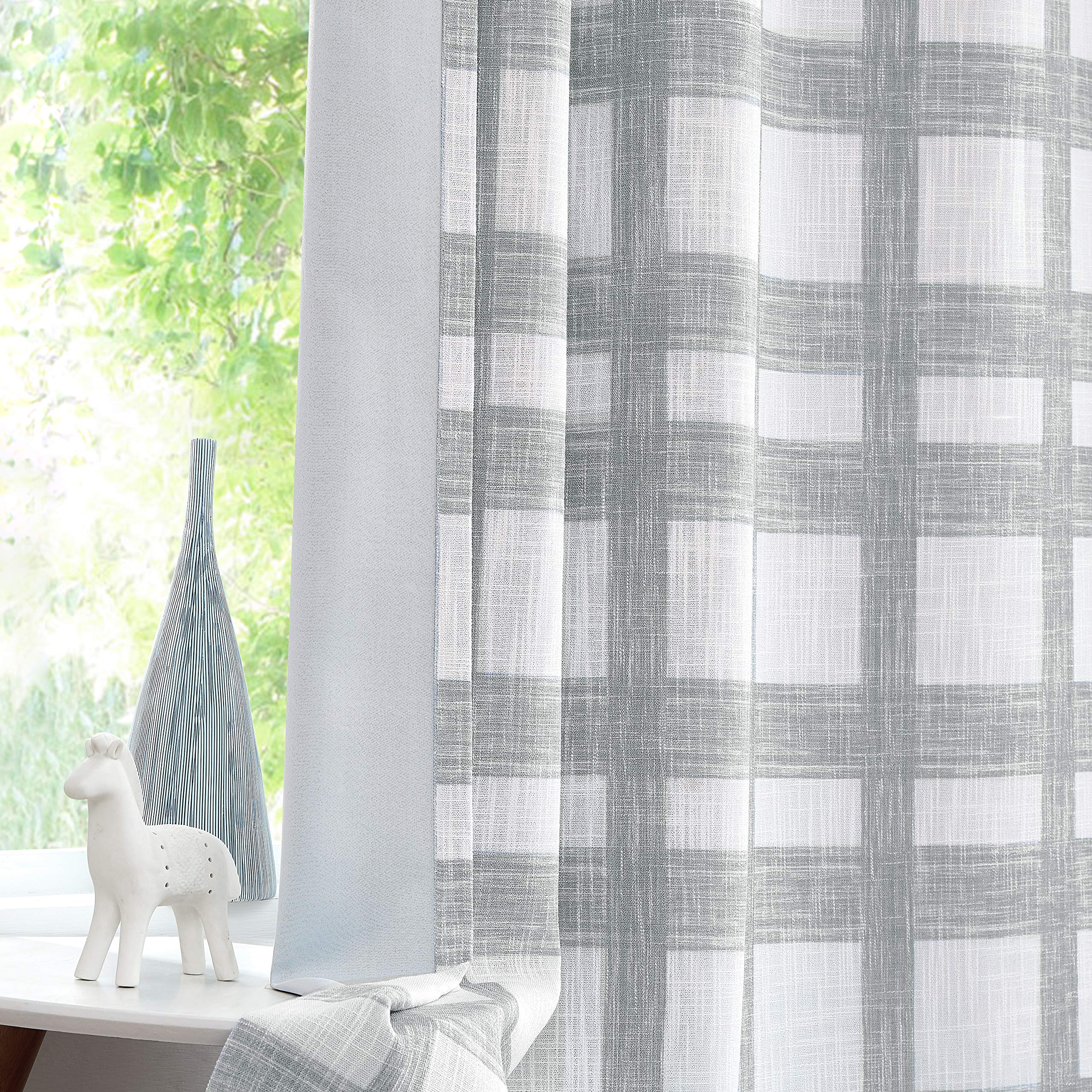 Central Park White Grey Plaid Blackout Window Curtain Linen Buffalo Check Geometric Panel 84" Long for Bedroom Living Room Grommets Top Rustic Farmhouse Room Darkening Thermal Insulated Drape, 1 Pc