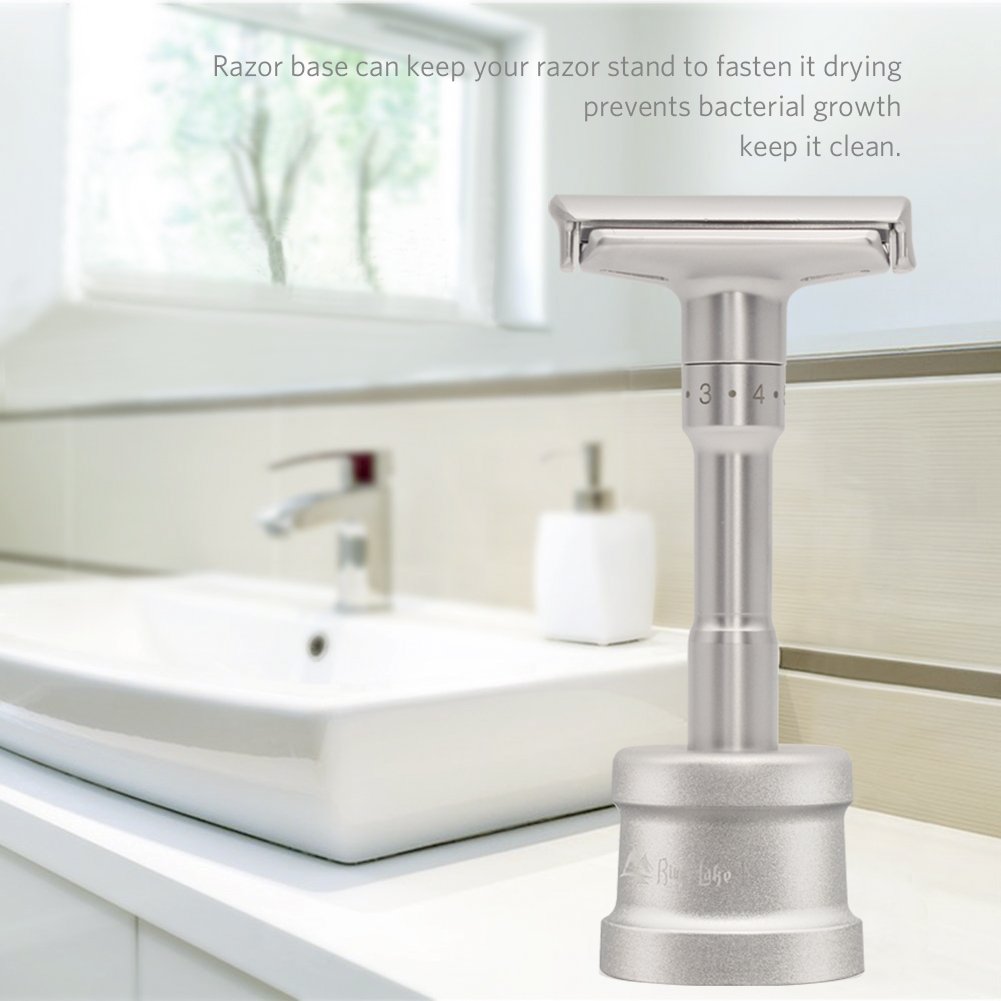 Travel Double Edge Safety Razor, River Lake RZ700 Long Handle Adjustable Classic Safety Shaver Razor (Razor with Protective Case and Stand)
