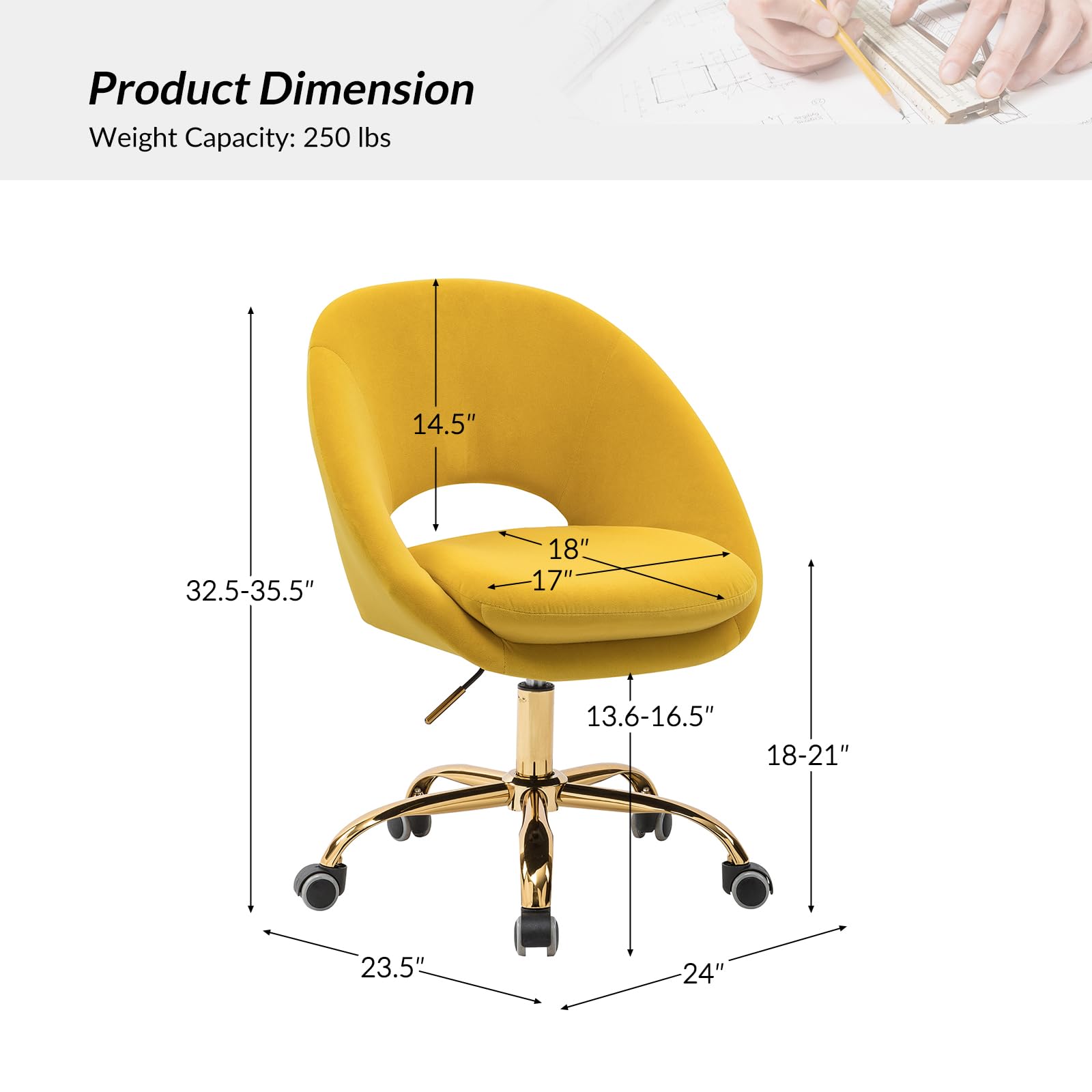 TINA'S HOME Modern Velvet Office Chair with with Adjustable Swivel, Comfy Upholstered Desk Chair with Open Back, Small Cute Chair for Living Room Study Vanity, Yellow