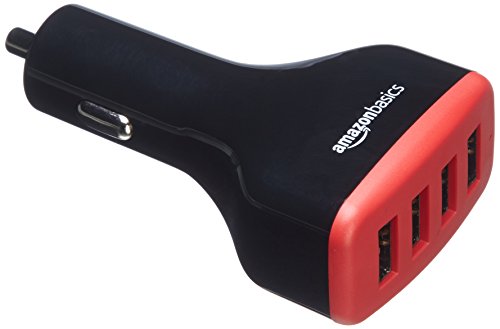 Amazon Basics 48W Four-Port USB-A Car Charger for Phones (iPhone 15/14/13/12/11/X, Samsung, and more), non-PPS, Black/Red