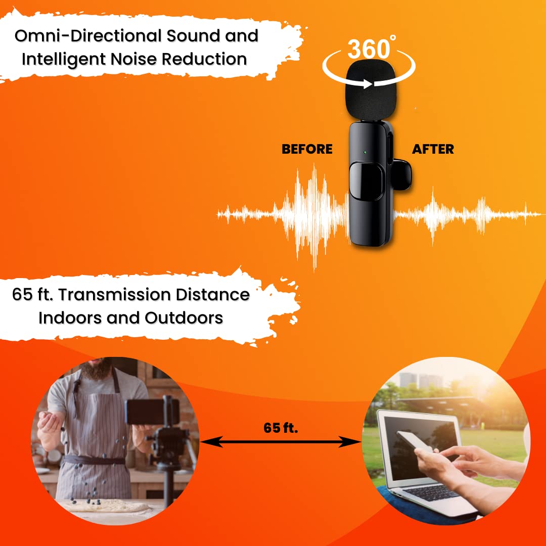 APLIXZI Wireless Lavalier Microphone for iPhone, iPad, Android & Laptop (Set of 2), 2.4GHz Mini Microphone for Video Recording, YouTube, TikTok, Vlogging, Interviews, Plug and Play, Noise Reduction