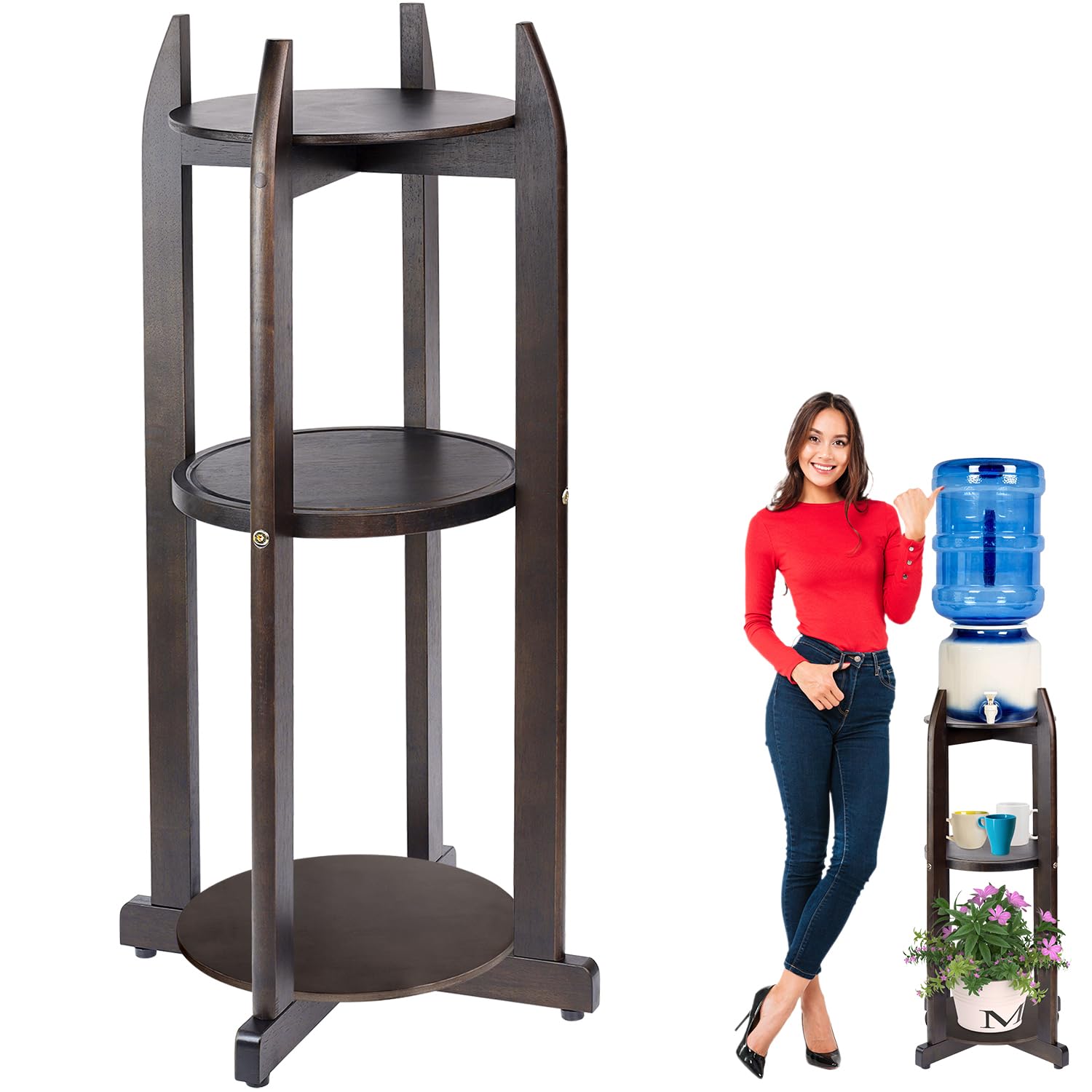 BETSEO Natural Solid Wood Water Dispenser Floor Stand (32.8" Hight-11.2" Wide) Drink Dispenser Floor Stand with 3 Round Shelfs Included for 1-5 Gallon Water Bottles/Crocks, Water Jug (Walnut Color)