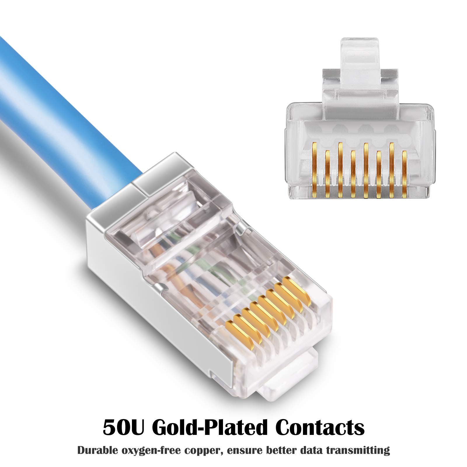 iGreely Shielded Cat6 RJ45 Connectors 50 Pack Gold Plated RJ45 Cat6/Cat5E/Cat5 8P8C 50 Micron 50u 3 Prong FTP STP Ethernet Cable Crimp Modular Plug