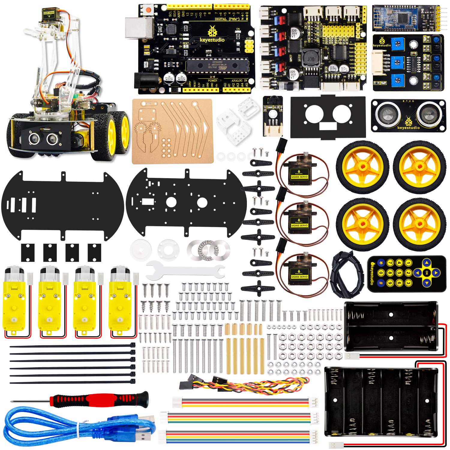 KEYESTUDIO 4WD Bluetooth Smart Car Robot Arm Building Starter Kit for Arduino ,for Uno R3 Programmable Robotics Coding Kit DIY Set for Student Adults 15+