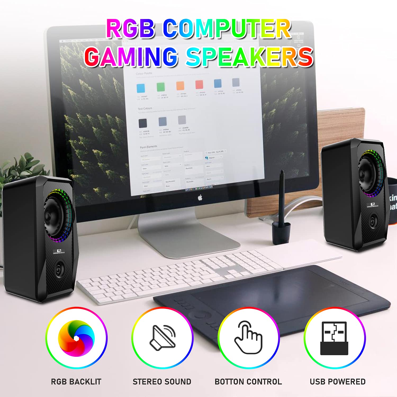 MANBASNAKE Computer Speakers RGB Gaming Speakers with 2.0 Wired USB Powered Stereo Volume Control,6 LED Modes,Dual Channel Multimedia AUX 3.5mm for PC Laptop Desktop Monitors(Black)
