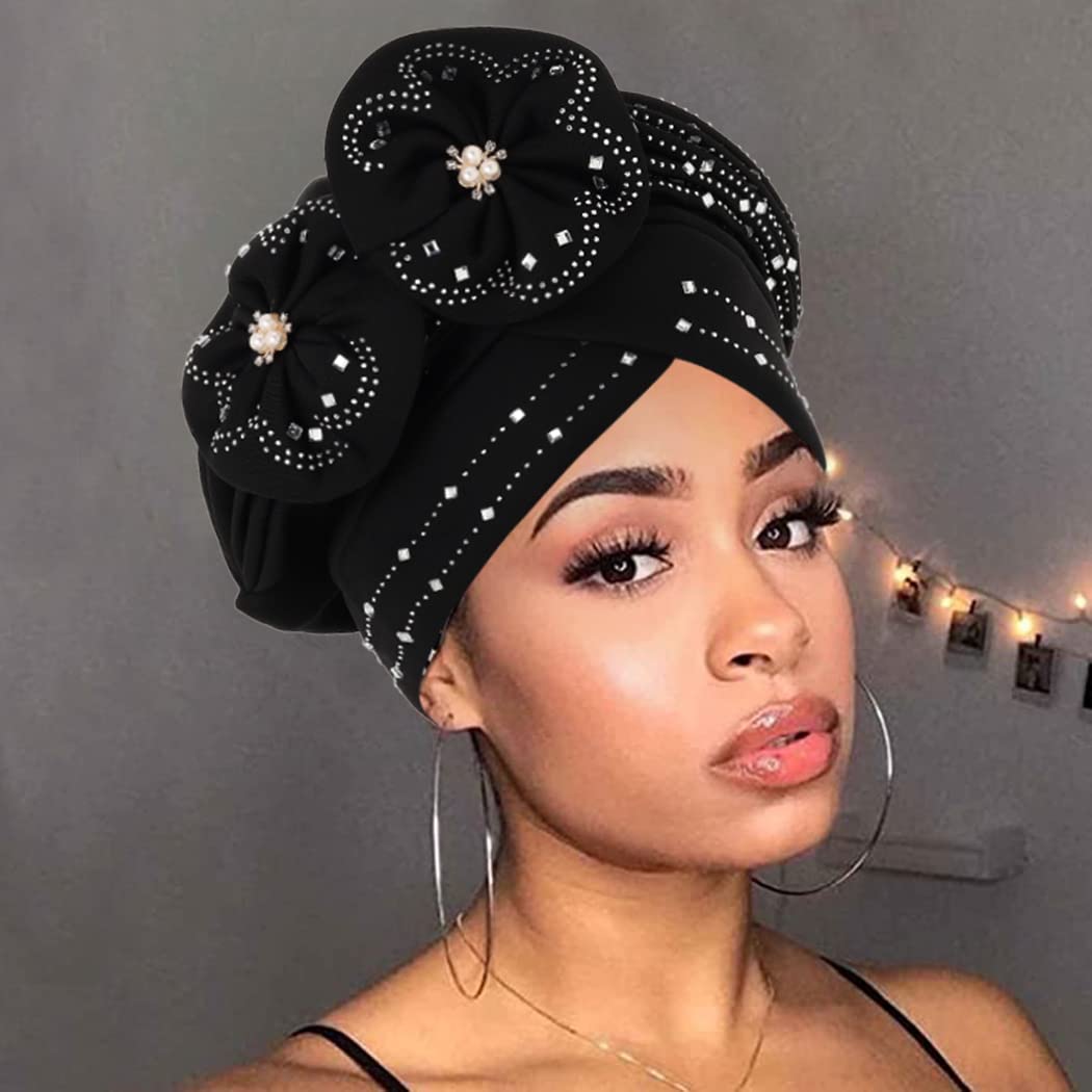 African Flower Turban Black Pre-Tied Headwrap Crystal Bonnet Beanie Cap Headbands for Women