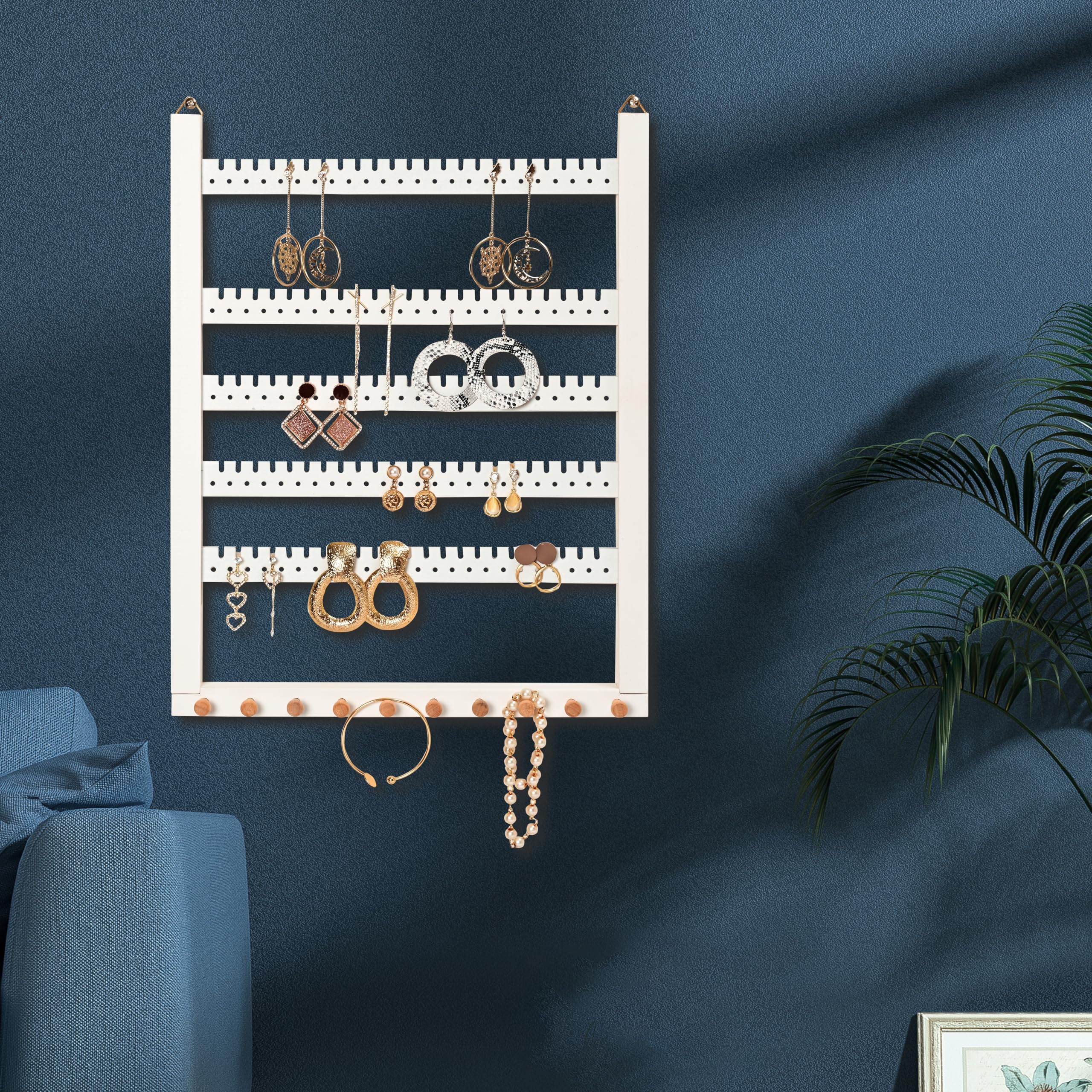 Wall Mounted Earring Organizer, Earring Holder Organizer Wall,Solid Wood Earring Hanging Jewelry Organizer and Storage, Wooden Necklace Holder, Earring Display for Studs, Dangling, Bracelet and Rings