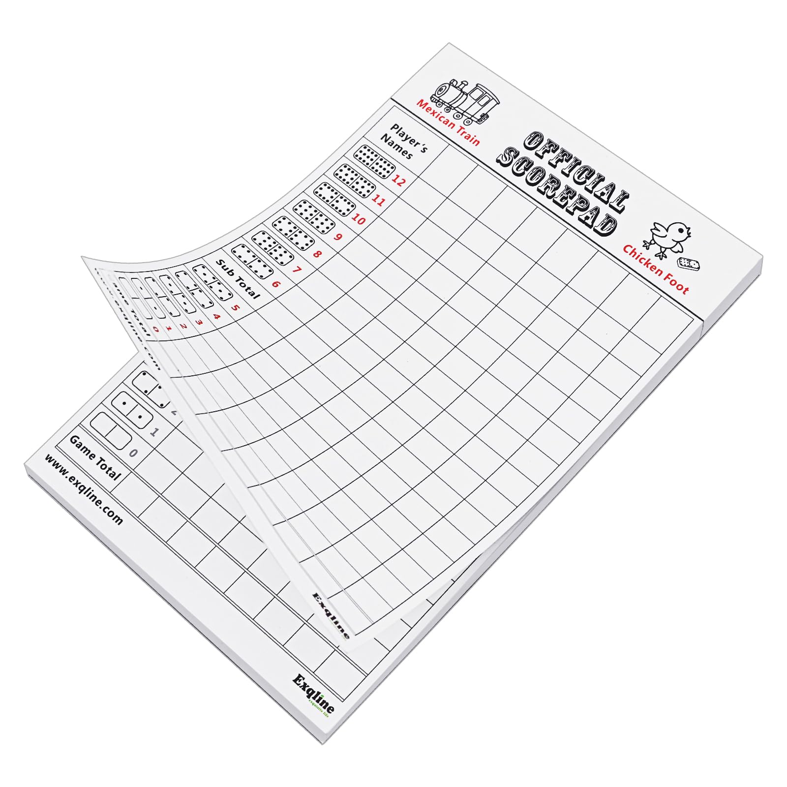 Exqline Mexican Train Score Pads, 70 Sheets Dominoes Chicken Foot and Mexican Train Score Sheets 8.3'' X 5.5'' Well-Made Large Size Paper Record Clearly and Easy to Read for Travel Gamenight