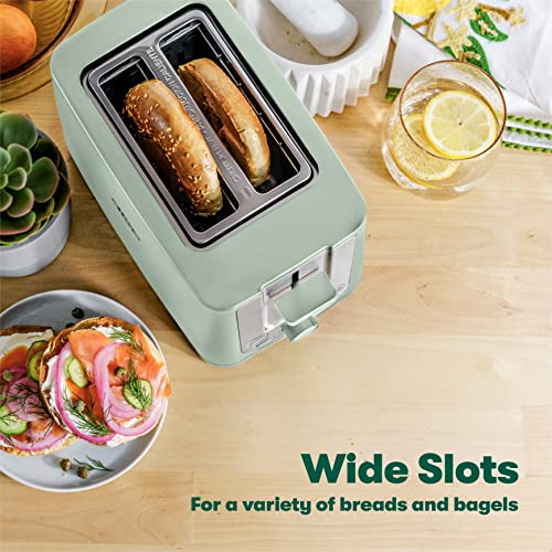 BELLA 2 Slice Toaster with Auto Shut Off - Extra Wide Slots & Removable Crumb Tray and Cancel, Defrost & Reheat Function - Toast Bread, Bagel & Waffle, Sage