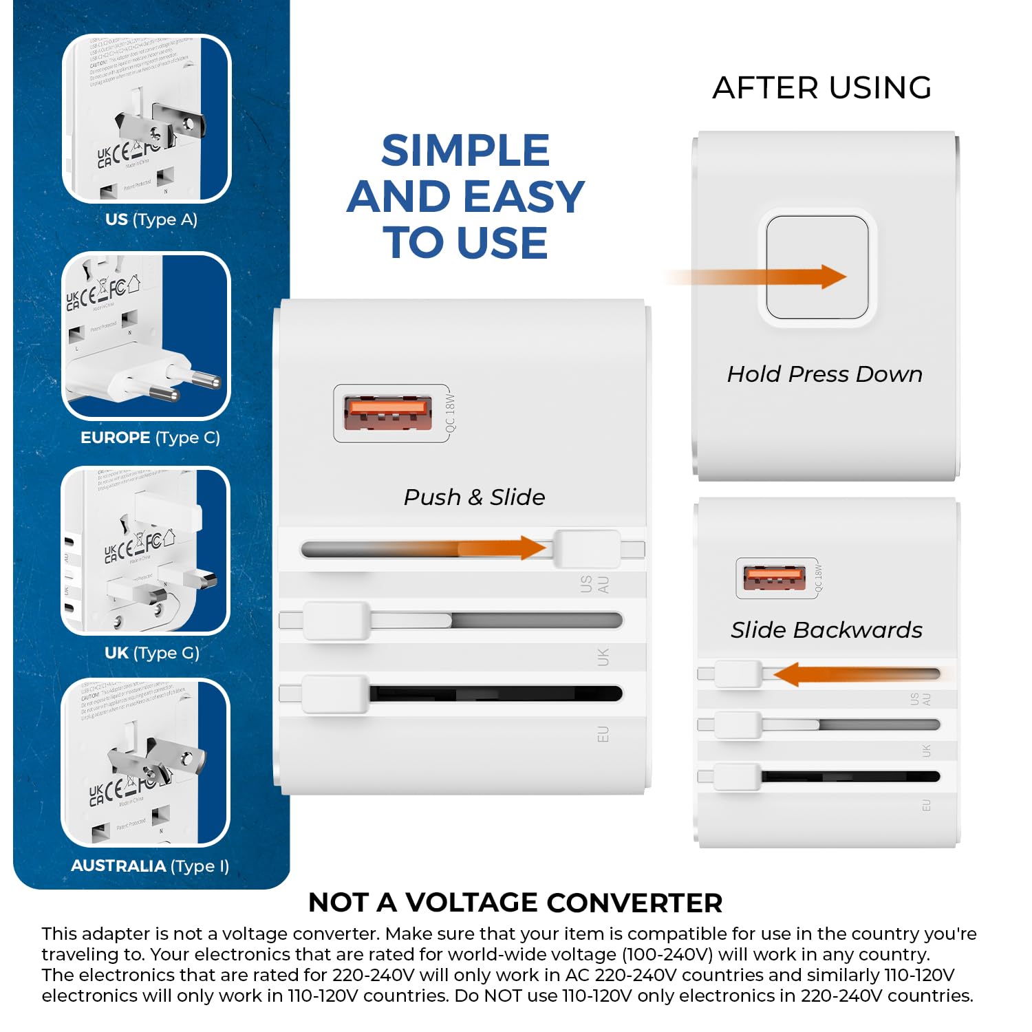 OREI 25Watt Universal Travel Adapter | 2 (USB C) 1 (USB A) 4-in-1 Universal Power Adapter | | Type C, A, G, I Compatible | Universal Chargers for All Devices compatible 150+ Countries